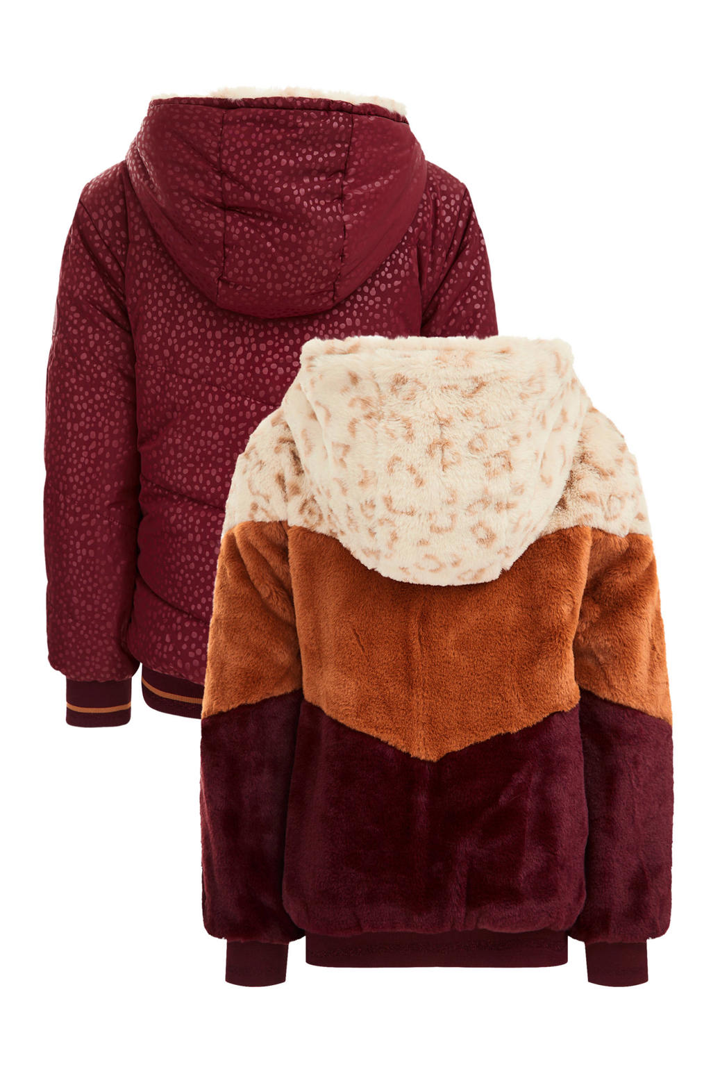 WE Fashion reversible winterjas met imitatiebont donkerrood/bruin/beige ...
