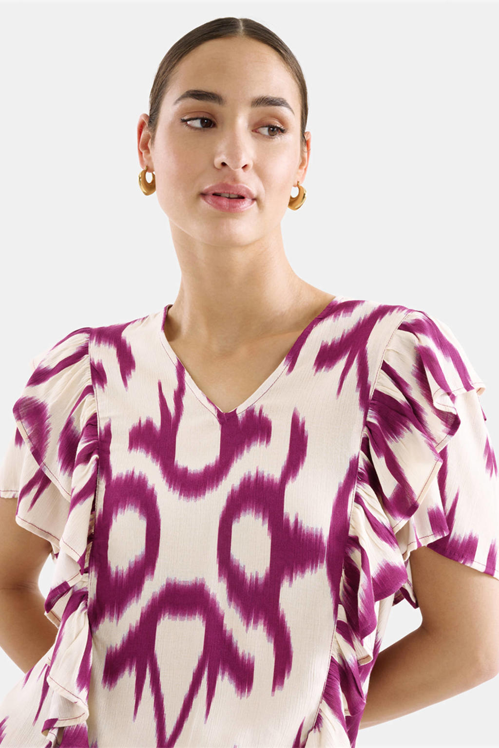 Shoeby top met all over print en ruches ecru/paars | wehkamp