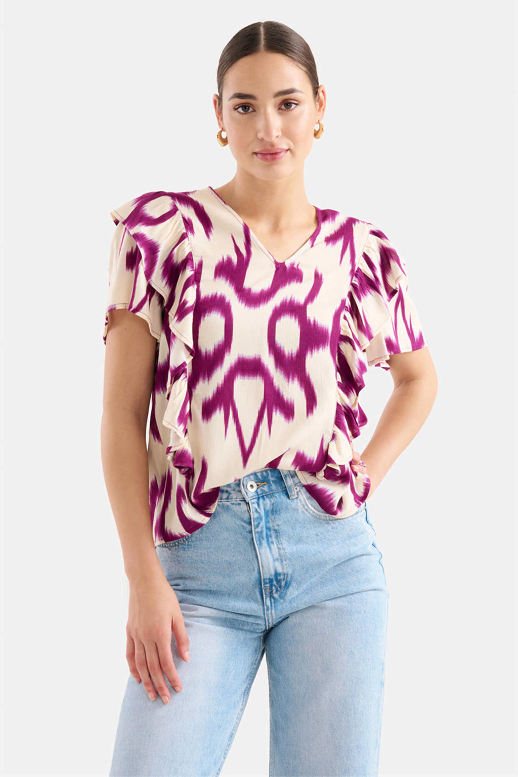 Shoeby top met all over print en ruches ecru/paars | wehkamp