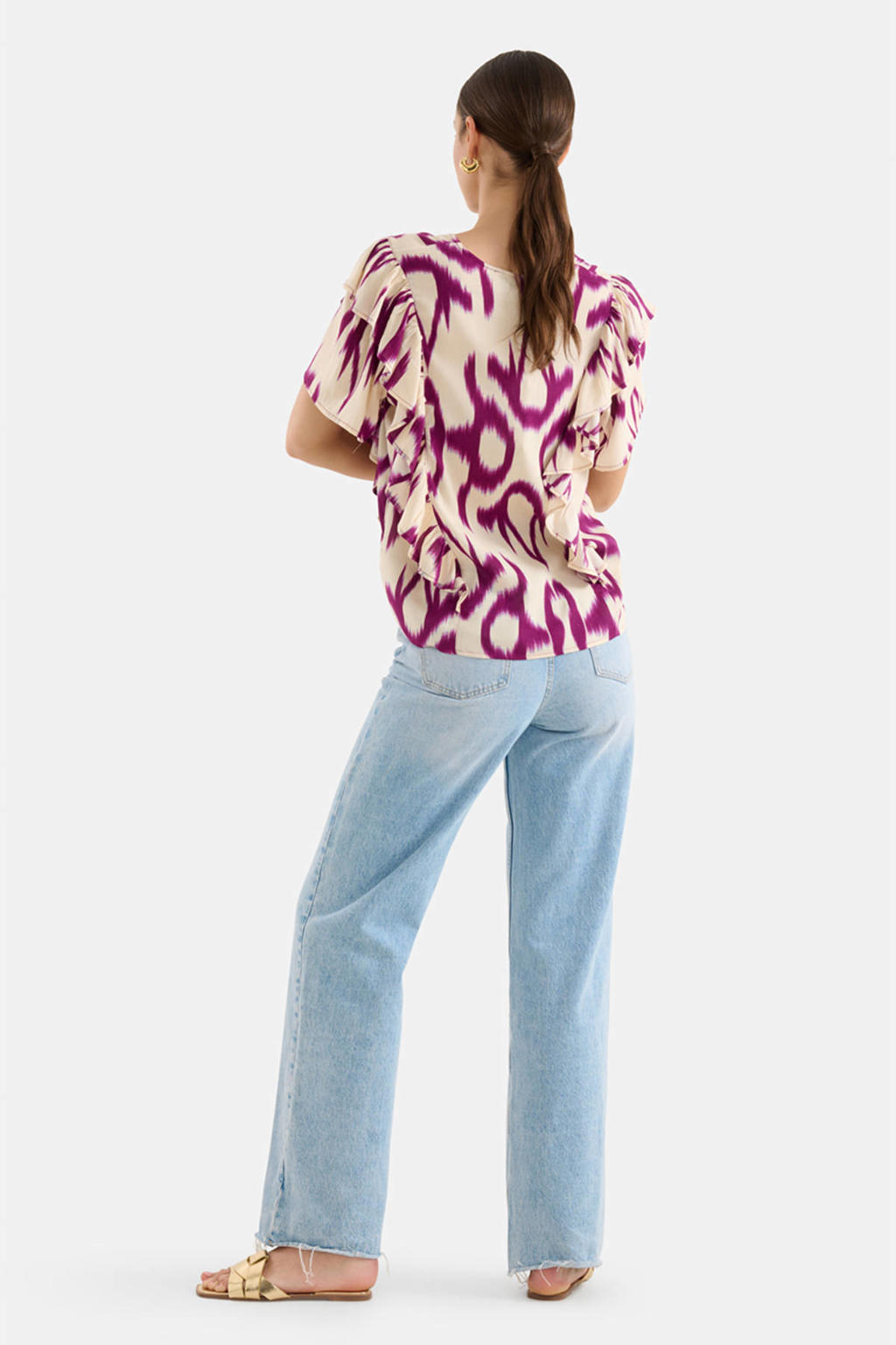 Shoeby top met all over print en ruches ecru/paars | wehkamp