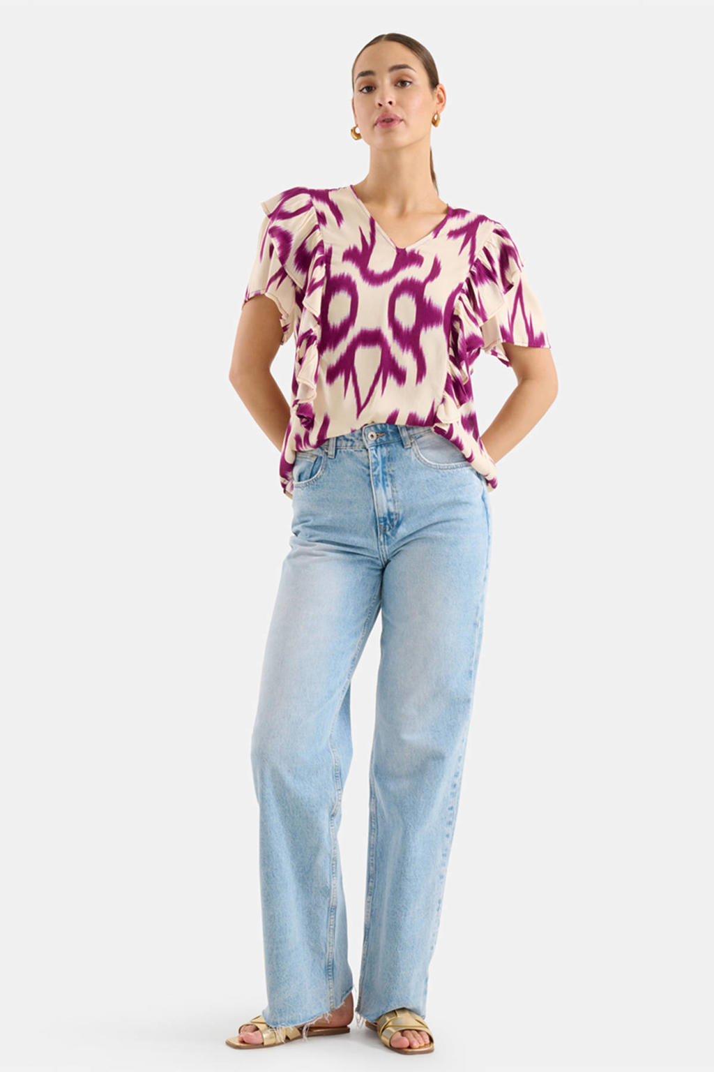 Shoeby top met all over print en ruches ecru/paars | wehkamp