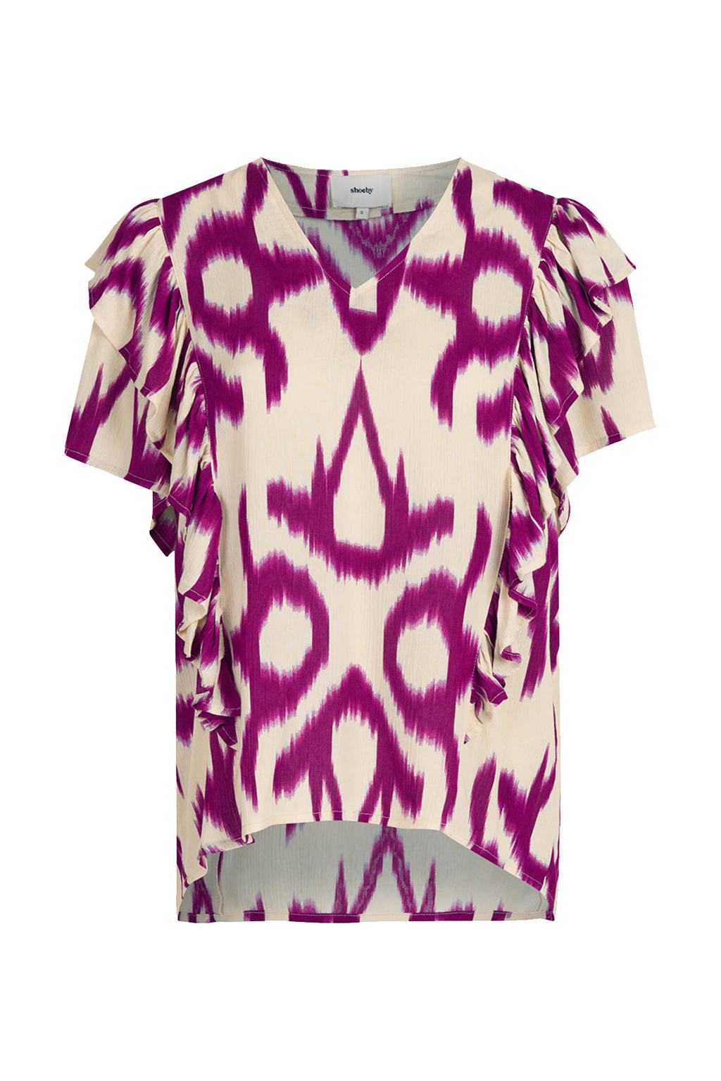 Shoeby top met all over print en ruches ecru/paars | wehkamp