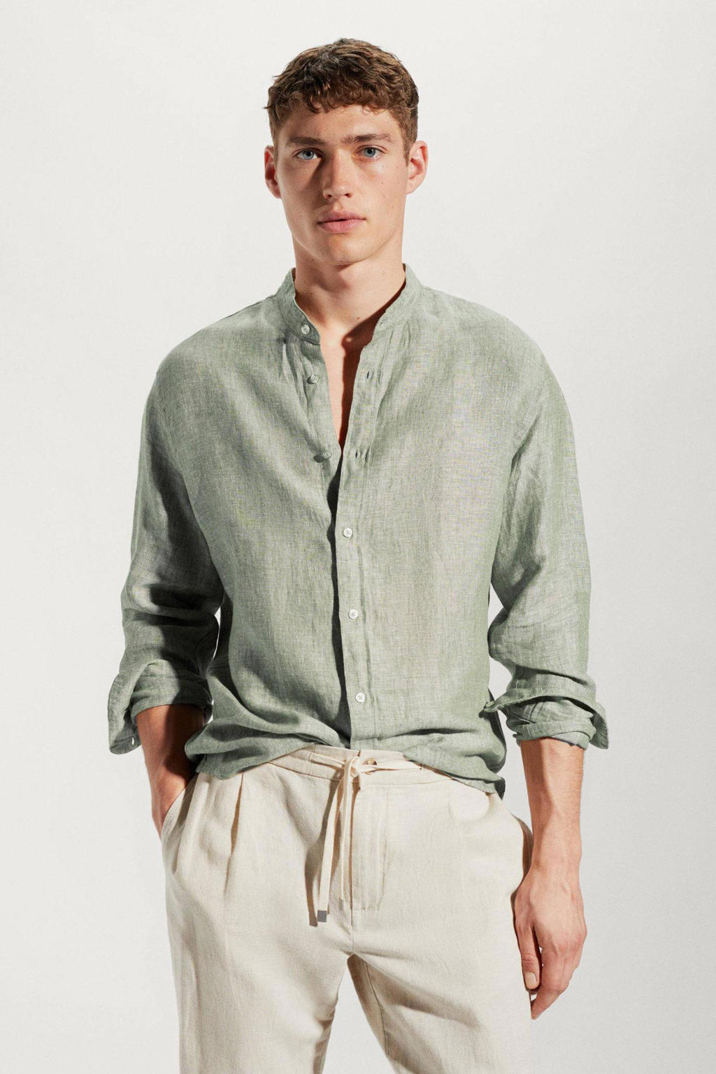 Mango Man linnen slim fit overhemd groen | wehkamp