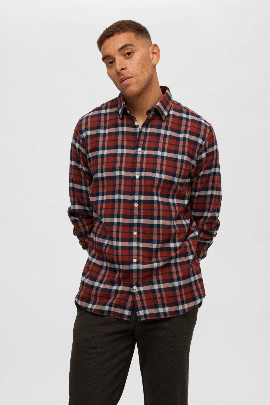 SELECTED HOMME geruit flanellen slim fit overhemd SLHSLIMOWEN rood ...