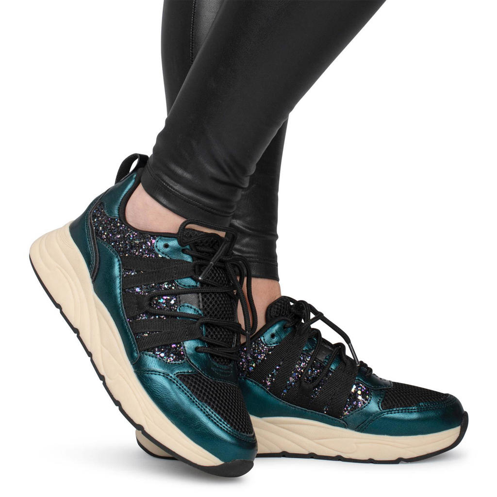 POSH by Poelman Gemma chunky sneakers met glitters petrol metallic ...