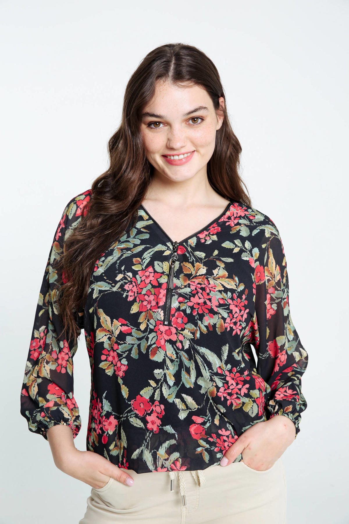 Cassis gebloemde blousetop zwart/rood/groen | wehkamp