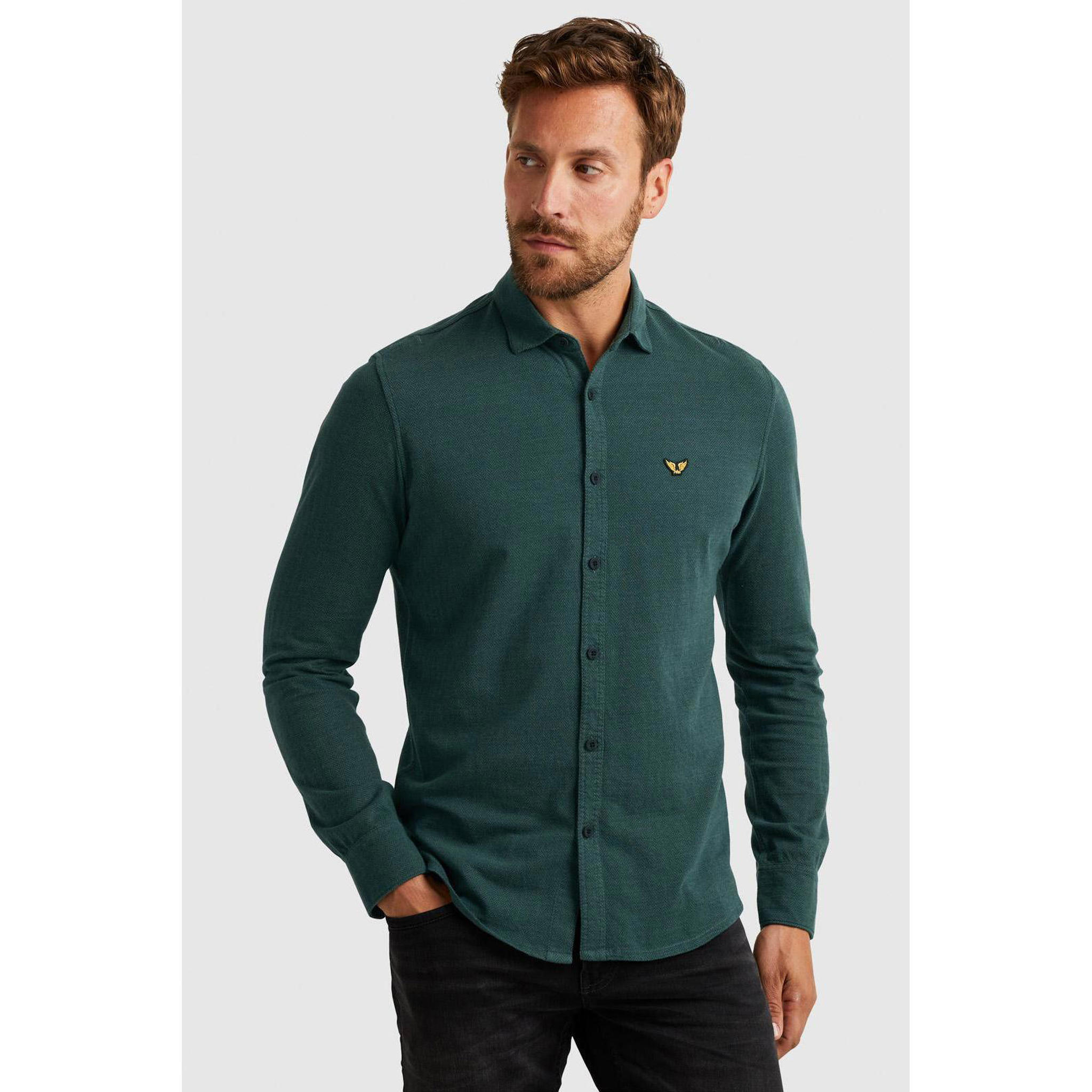 PME Legend regular fit overhemd met herringbone patroon groen | wehkamp
