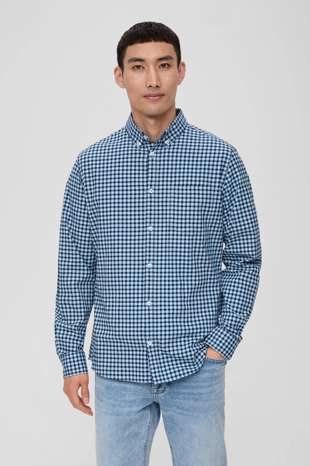 s.Oliver geruit slim fit overhemd lichtblauw | wehkamp