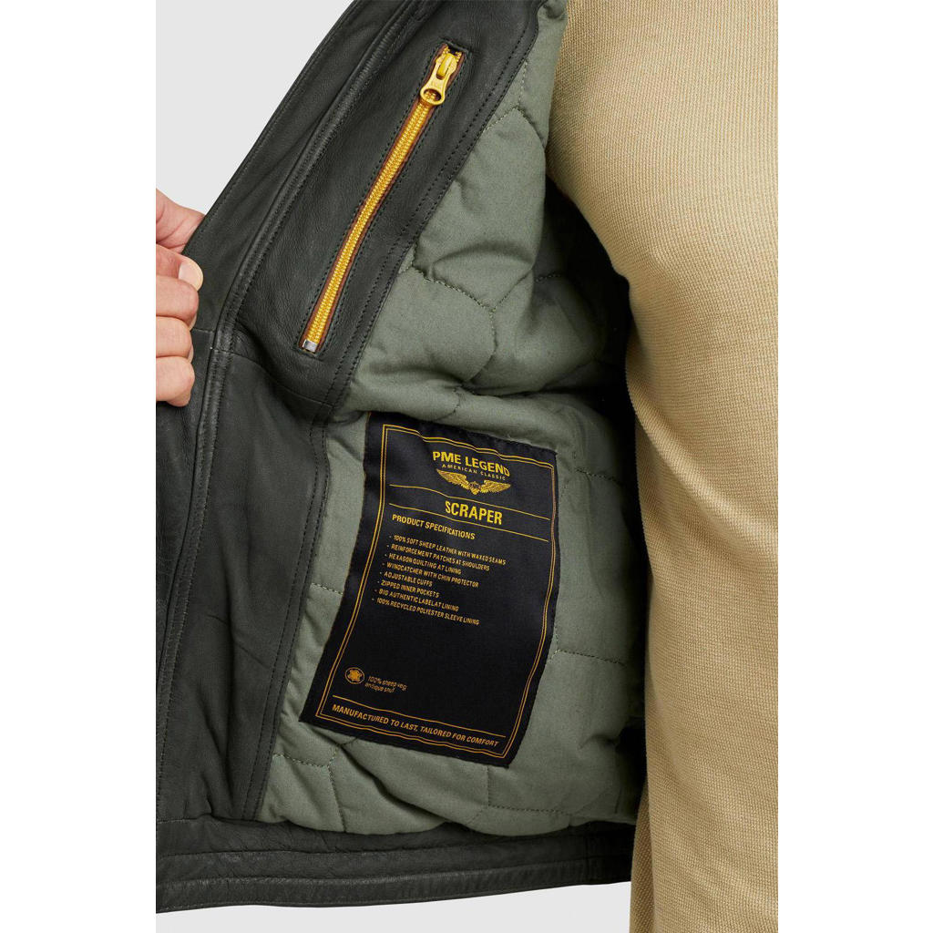 PME Legend leren jack SCRAPER met logo en patches donkergroen | wehkamp