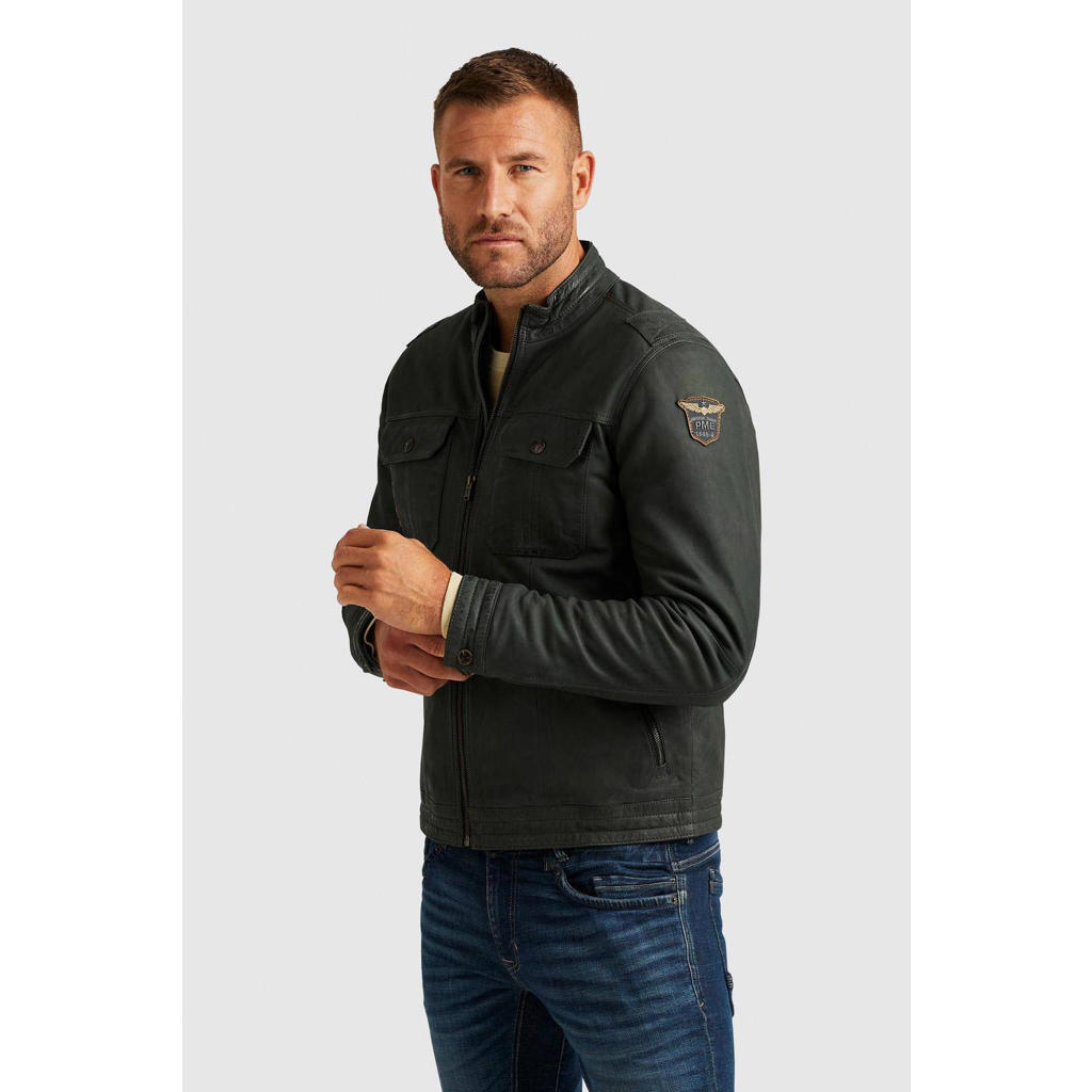 PME Legend leren jack SCRAPER met logo en patches donkergroen | wehkamp