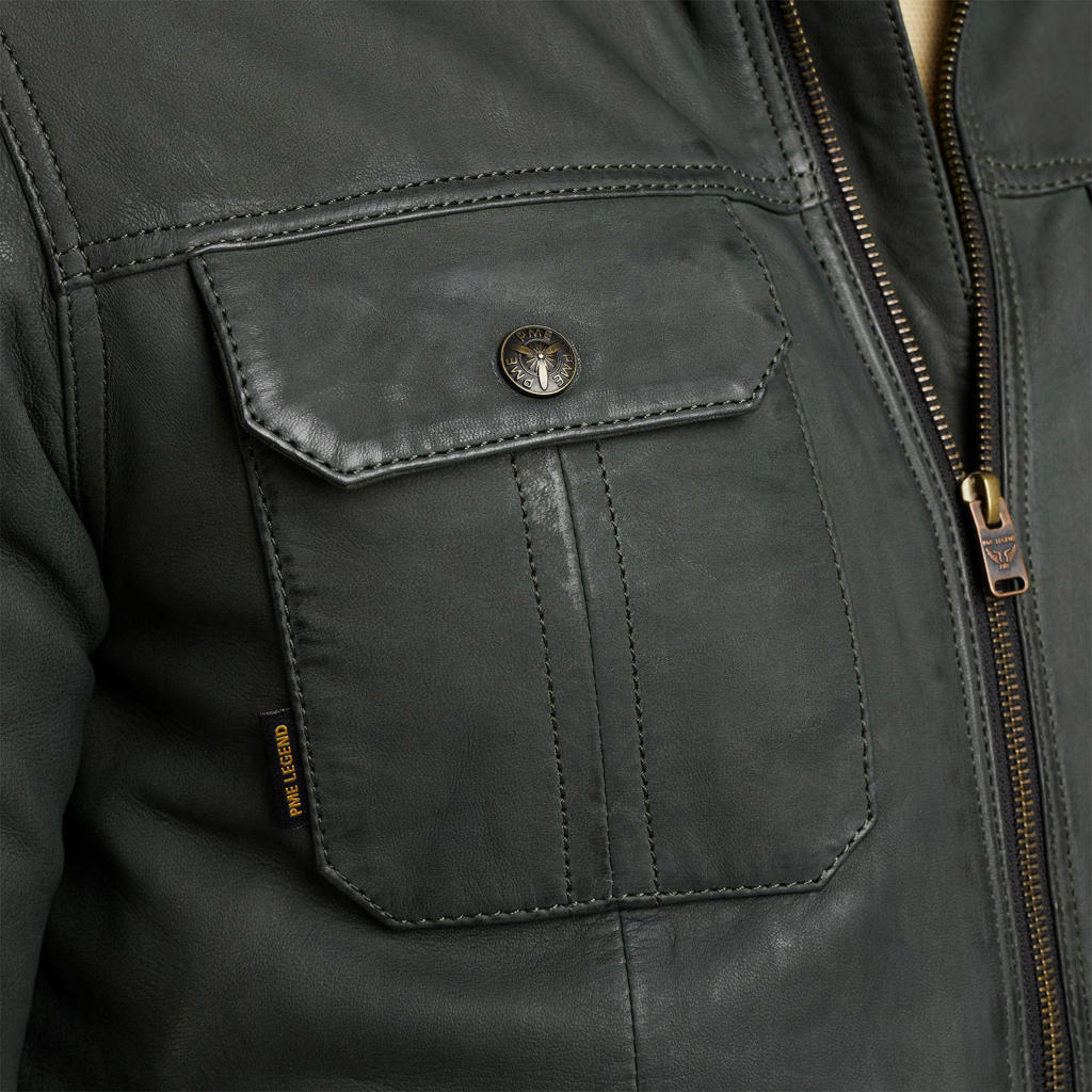 PME Legend leren jack SCRAPER met logo en patches donkergroen | wehkamp