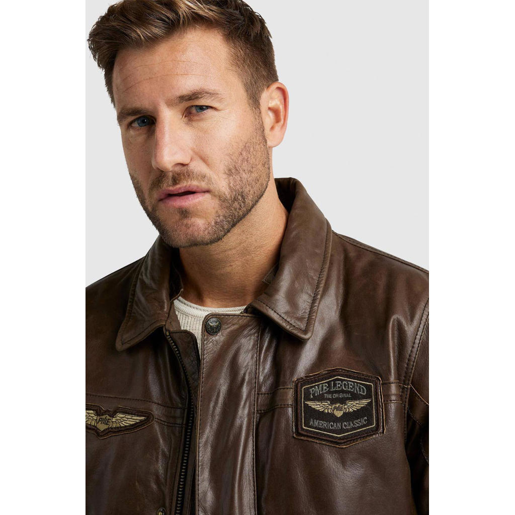 PME Legend quilted leren jas Hudson met logo en patches bruin | wehkamp