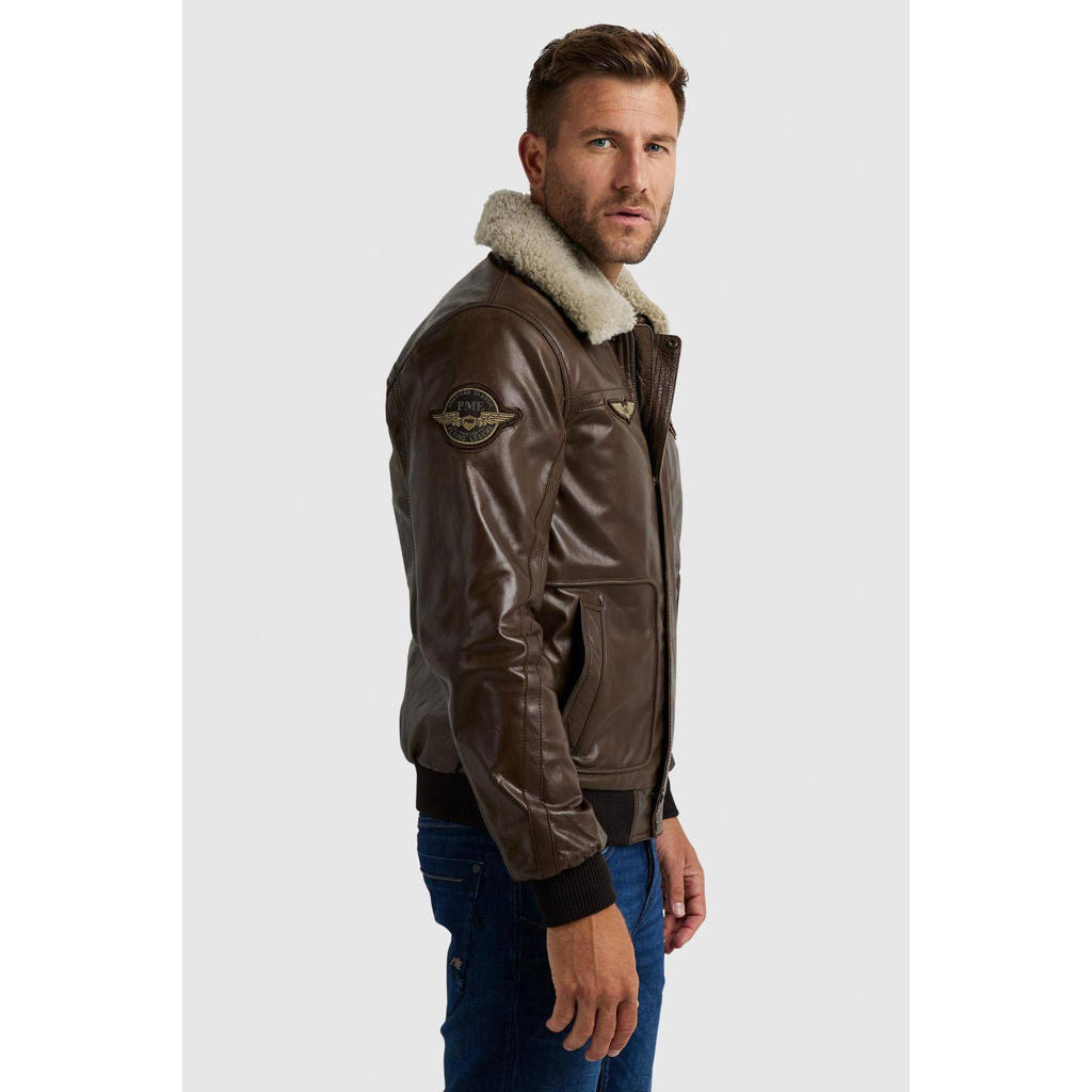 PME Legend quilted leren jas Hudson met logo en patches bruin | wehkamp