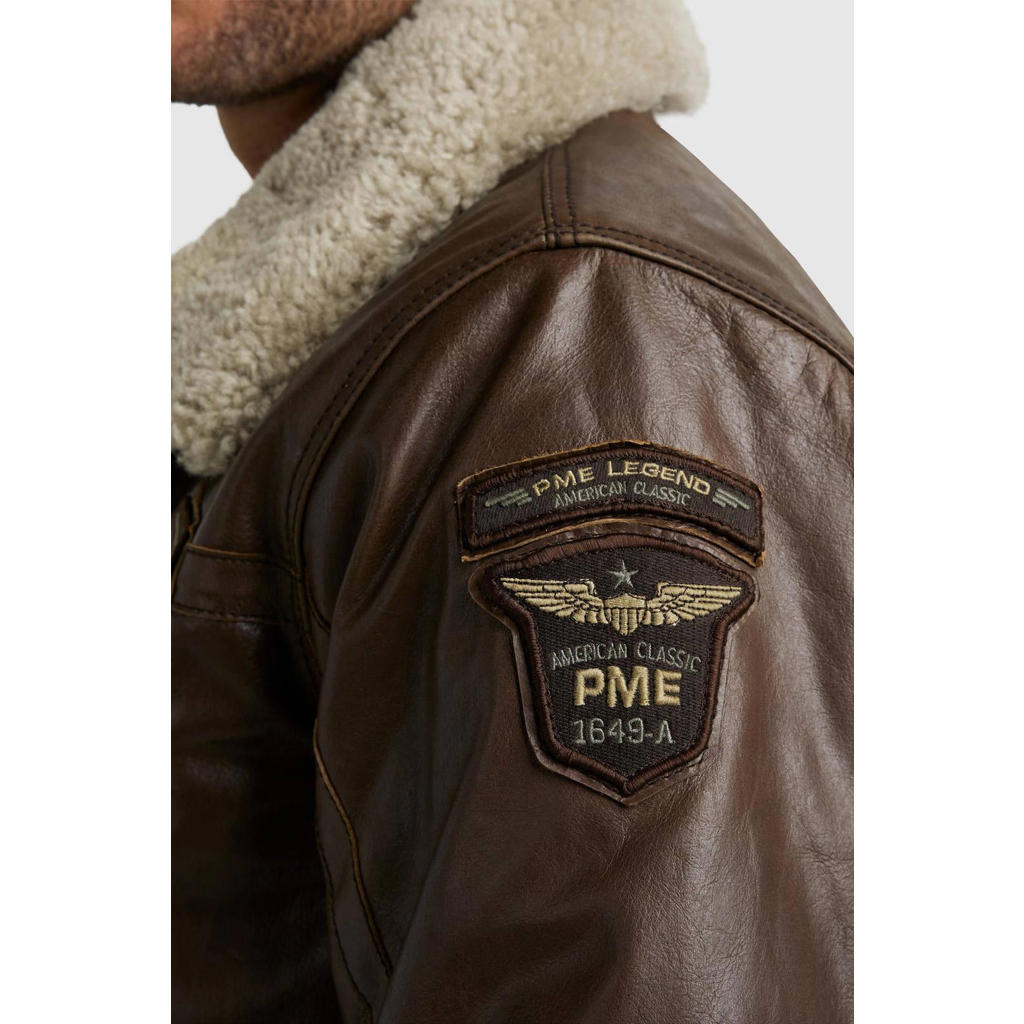 PME Legend quilted leren jas Hudson met logo en patches bruin | wehkamp