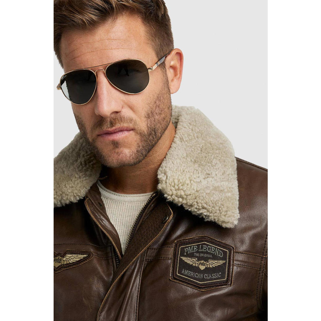 PME Legend quilted leren jas Hudson met logo en patches bruin | wehkamp