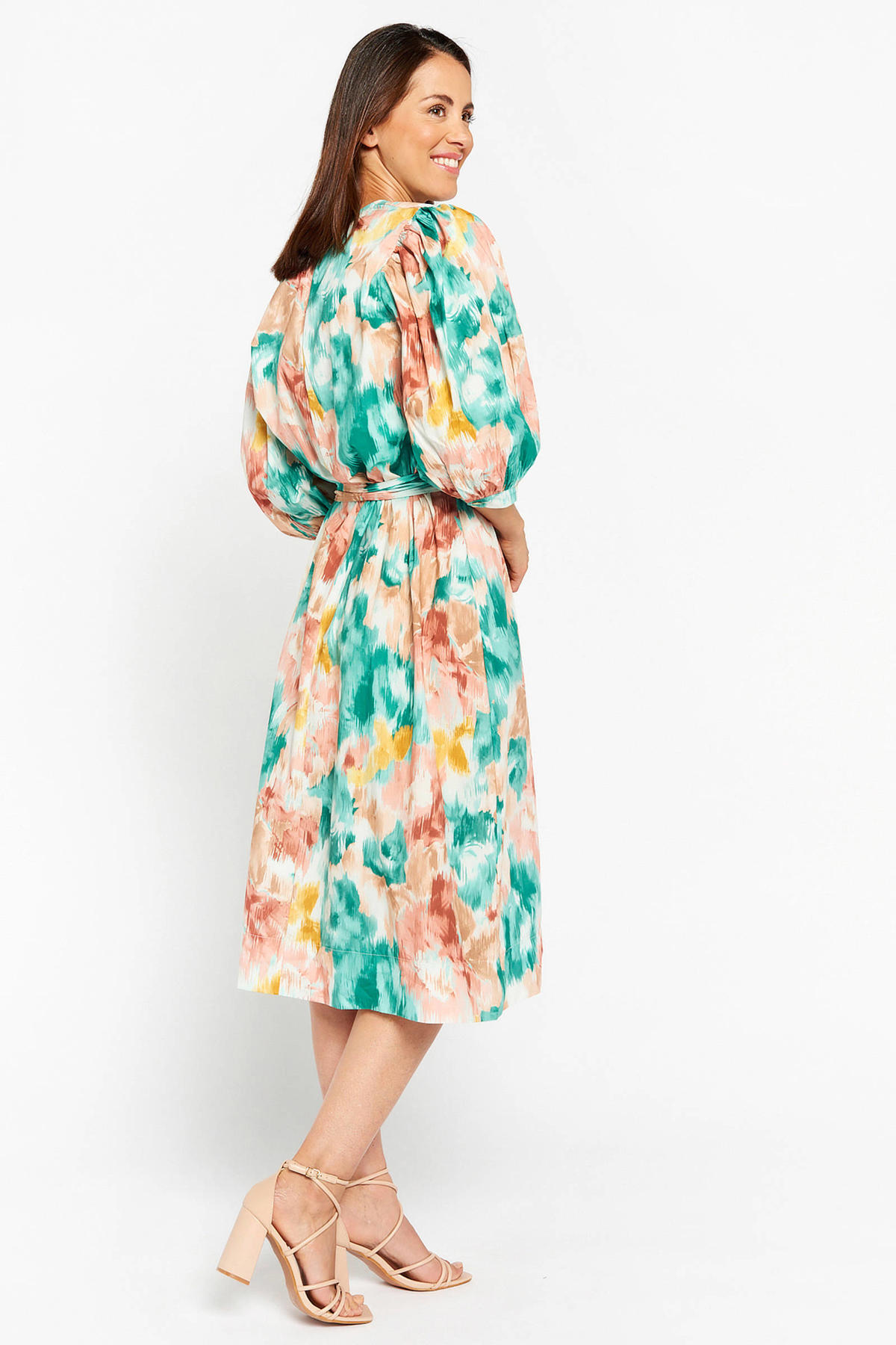LOLALIZA jurk met all over print en ceintuur groen/roze/geel | wehkamp