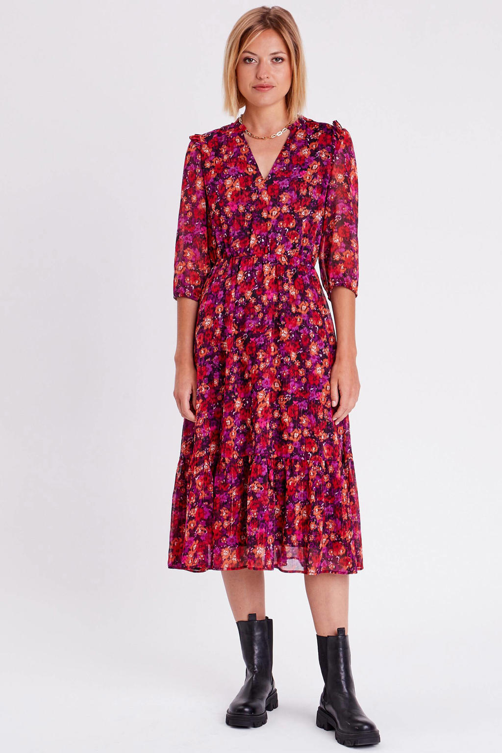 Cache Cache gebloemde A-lijn jurk fuchsia/rood | wehkamp