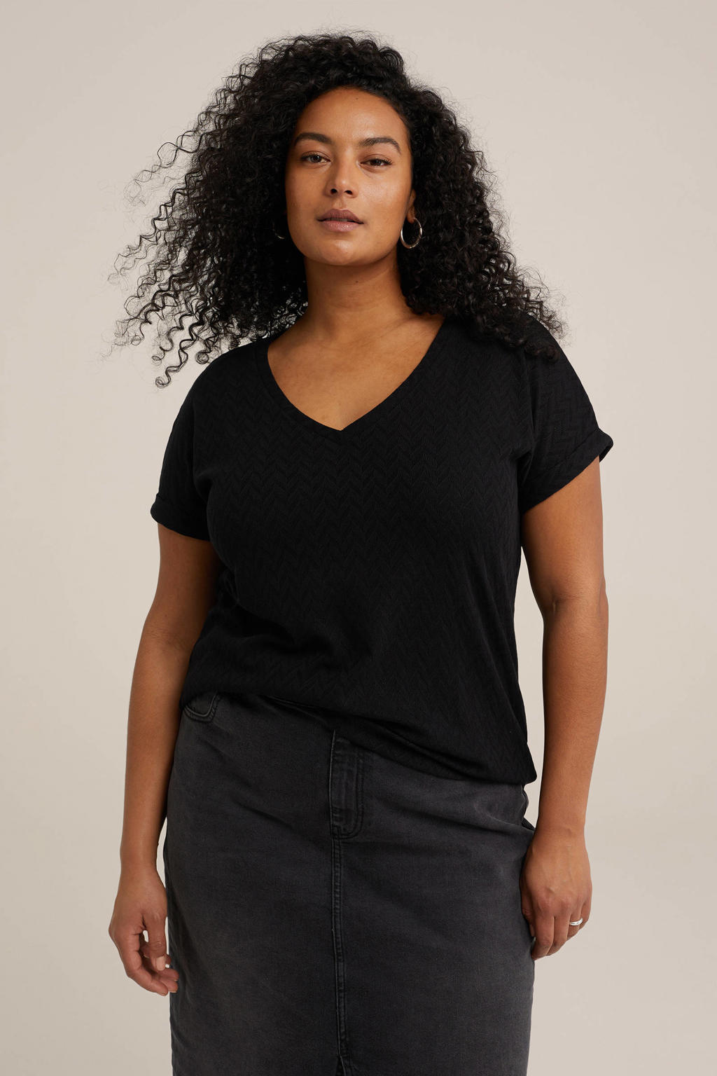 WE Fashion Curve top met textuur zwart | wehkamp