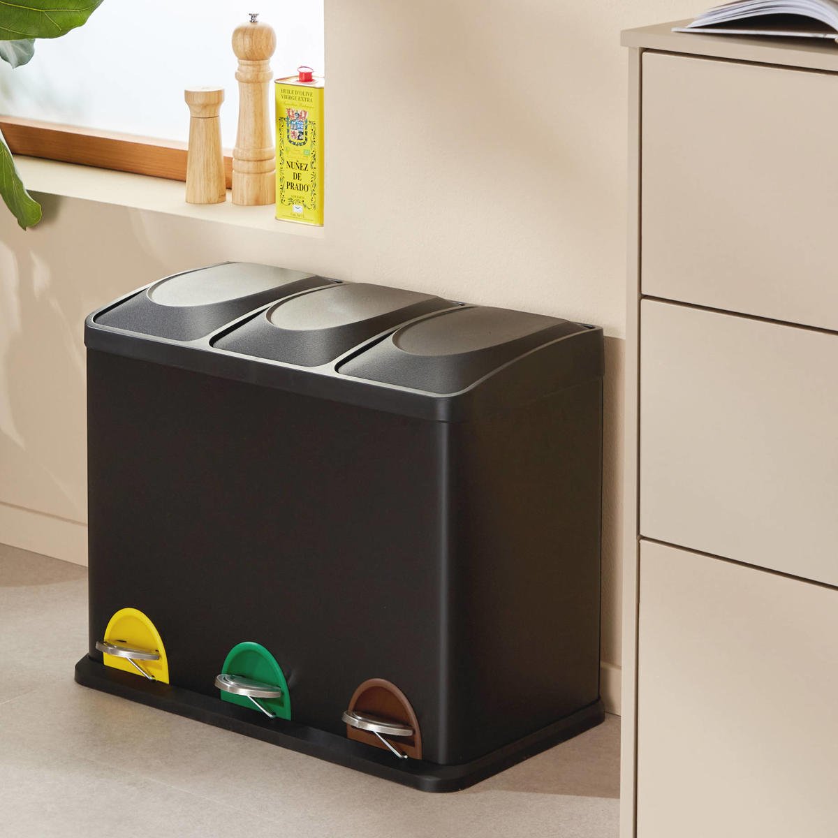 NOUS Living prullenbak - afvalscheiding - (15L + 15L + 15L) - mat zwart ...