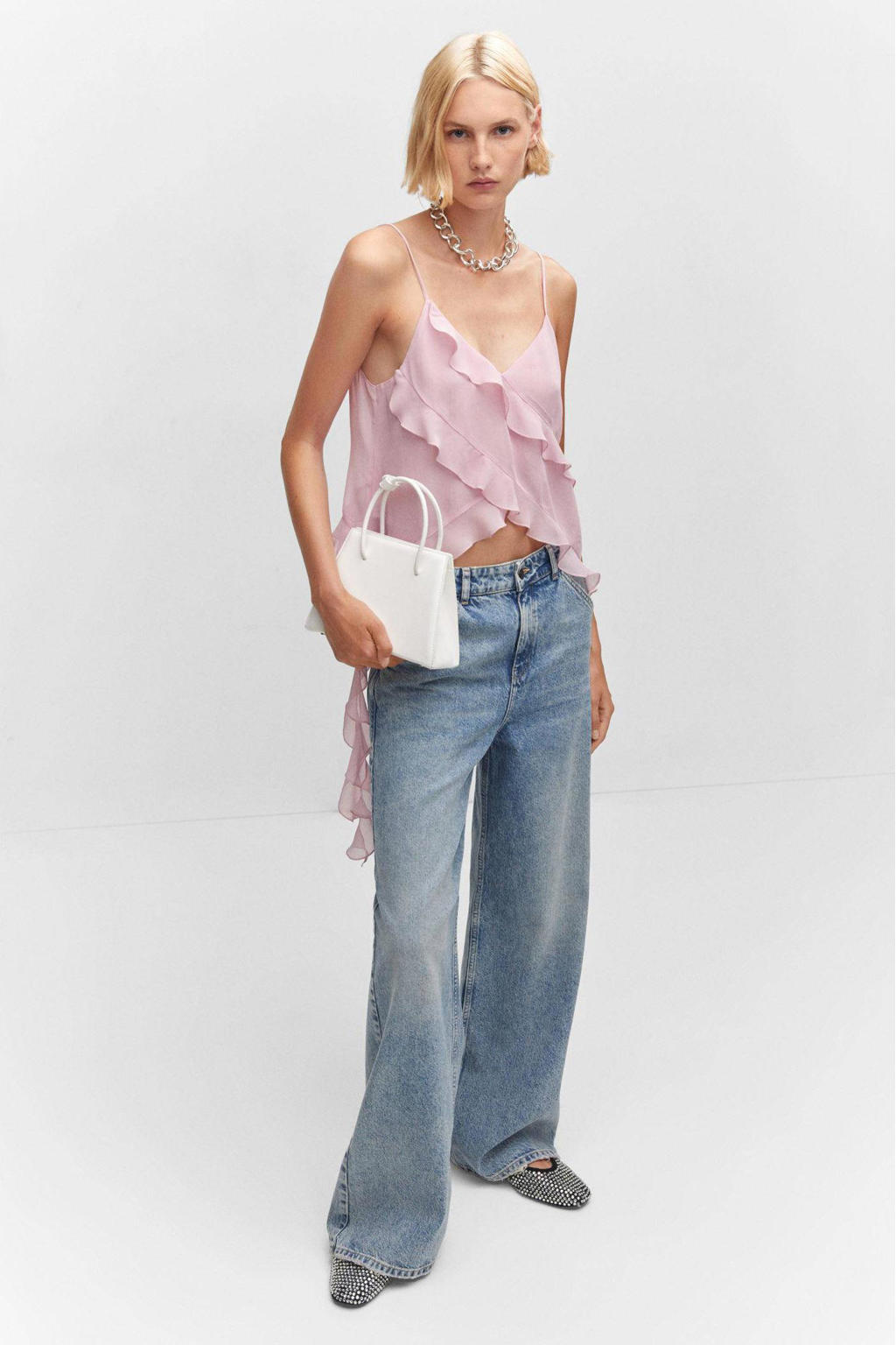 Mango crop top Lucy met ruches lichtroze | wehkamp