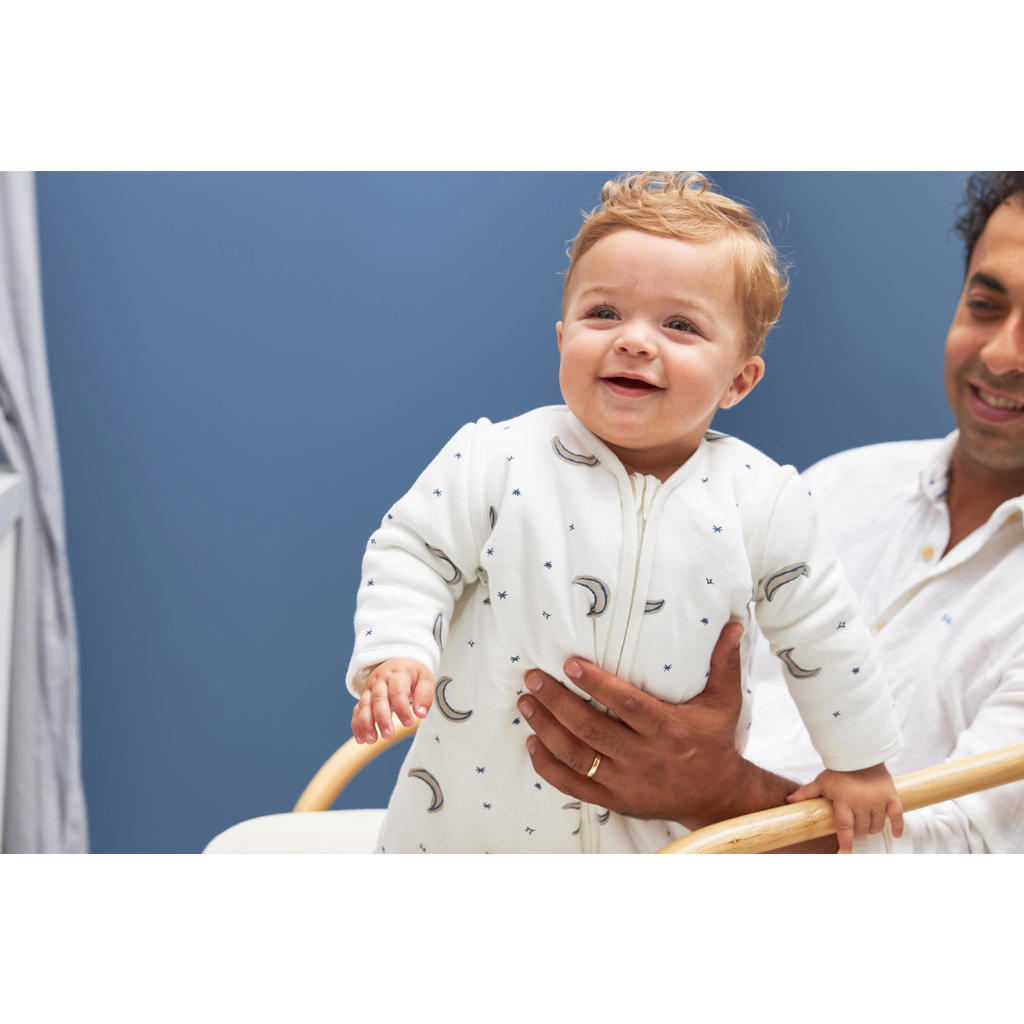 Meyco baby slaapzak met afritsbare mouwen Moon wit/indigo | wehkamp