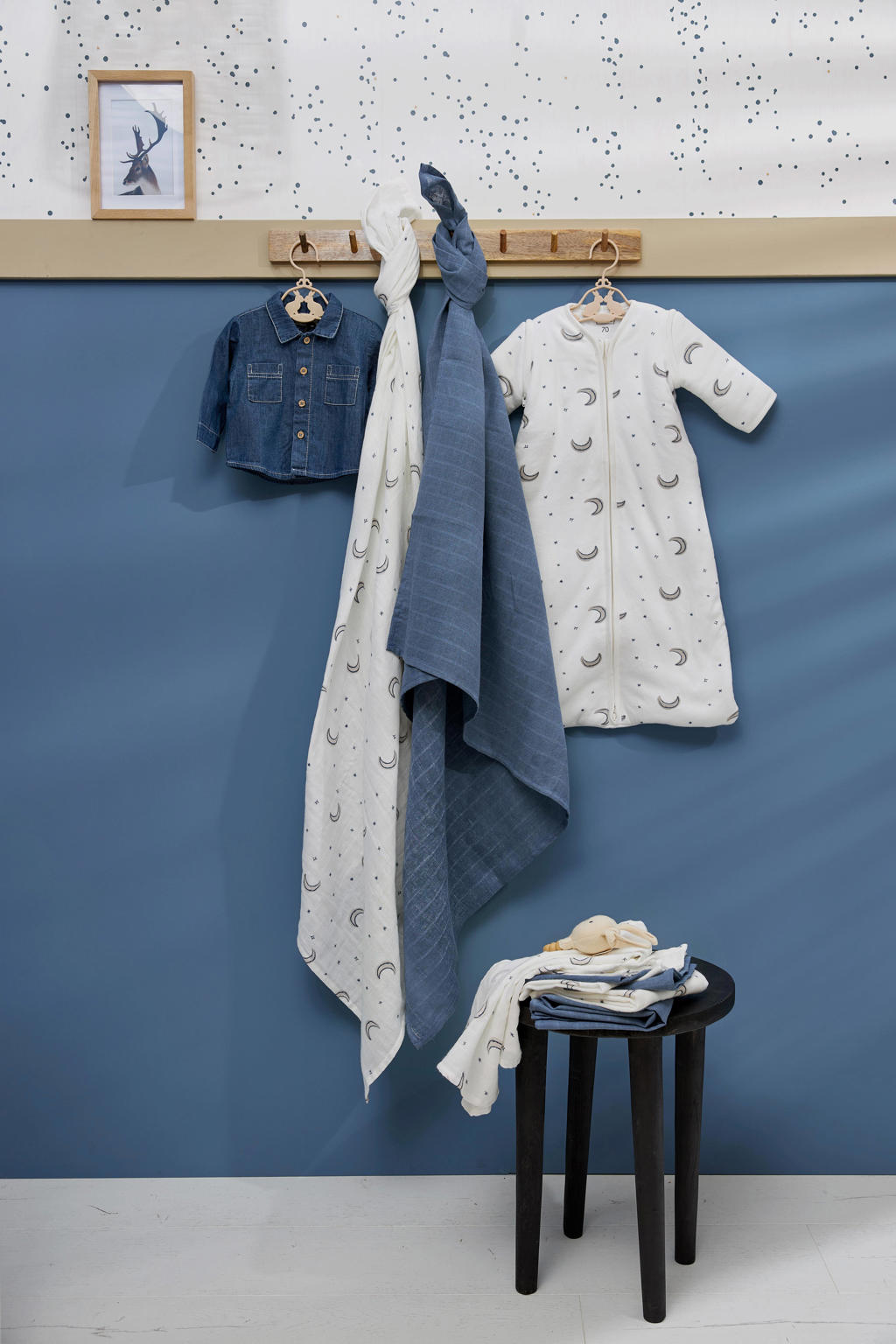 Meyco baby slaapzak met afritsbare mouwen Moon wit/indigo | wehkamp