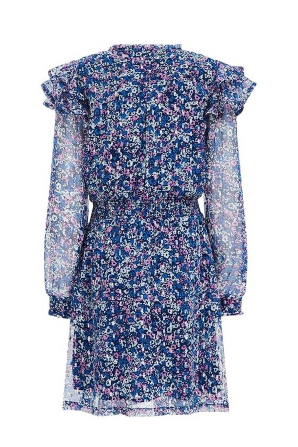 WE Fashion semi-transparante jurk met all over print en ruches blauw/lichtroze | wehkamp