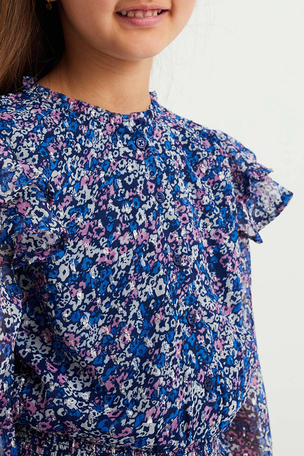 WE Fashion semi-transparante jurk met all over print en ruches blauw/lichtroze | wehkamp