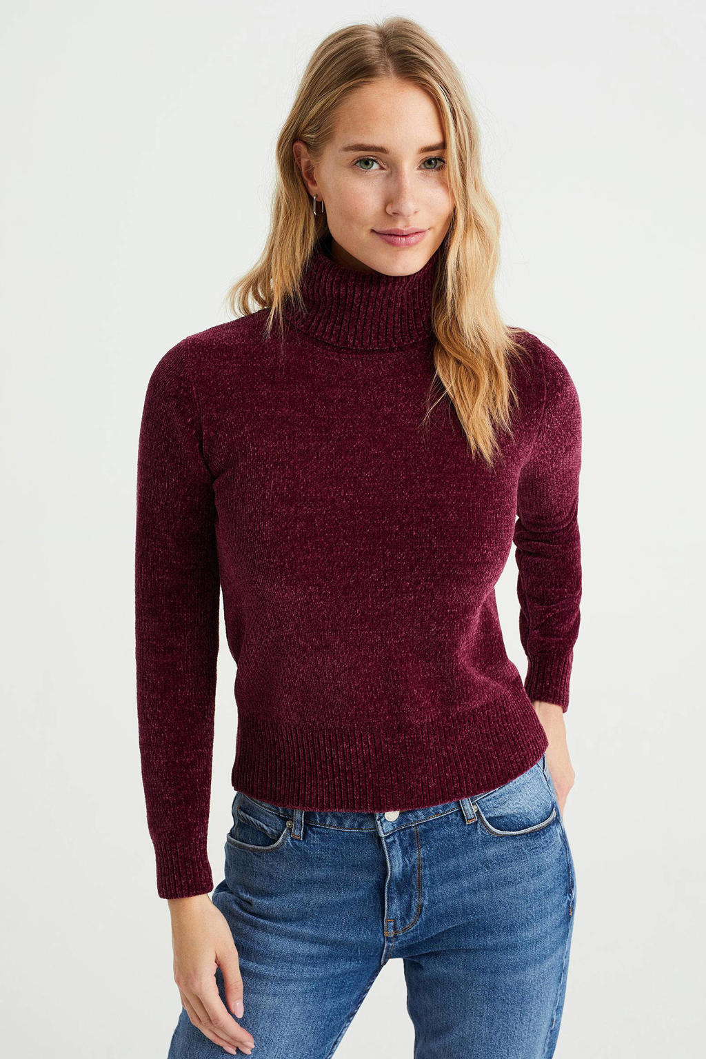 WE Fashion fijngebreide trui van gerecycled polyester bordeaux rood ...