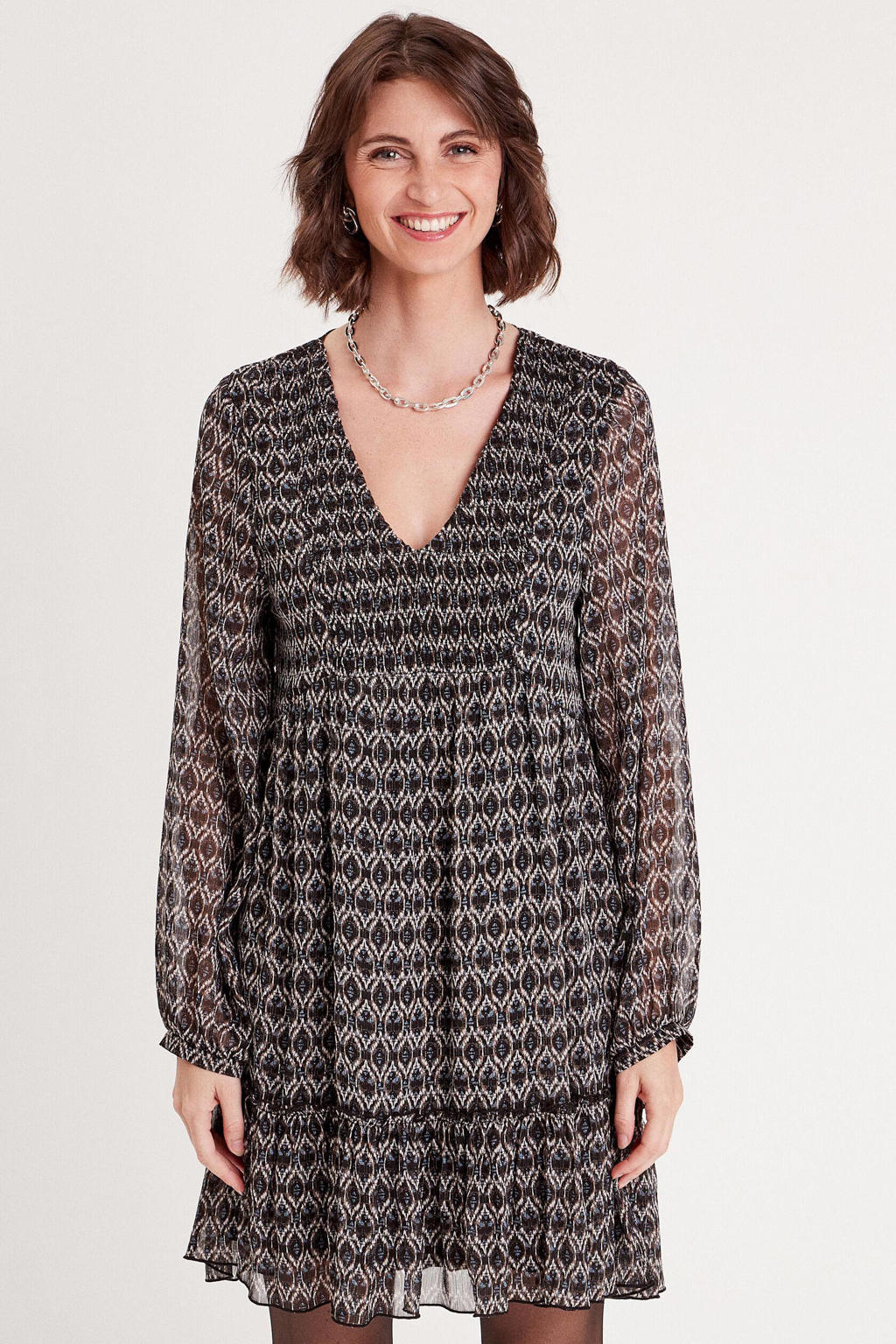 Cache Cache semi-transparante trapeze jurk met all over print en ruches zwart/ecru/blauw | wehkamp