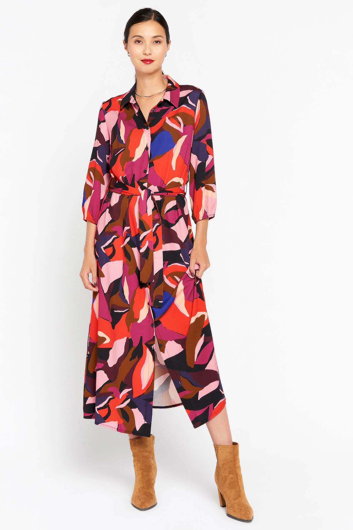 LOLALIZA blousejurk met grafische print en ceintuur roze/ecru/bruin | wehkamp