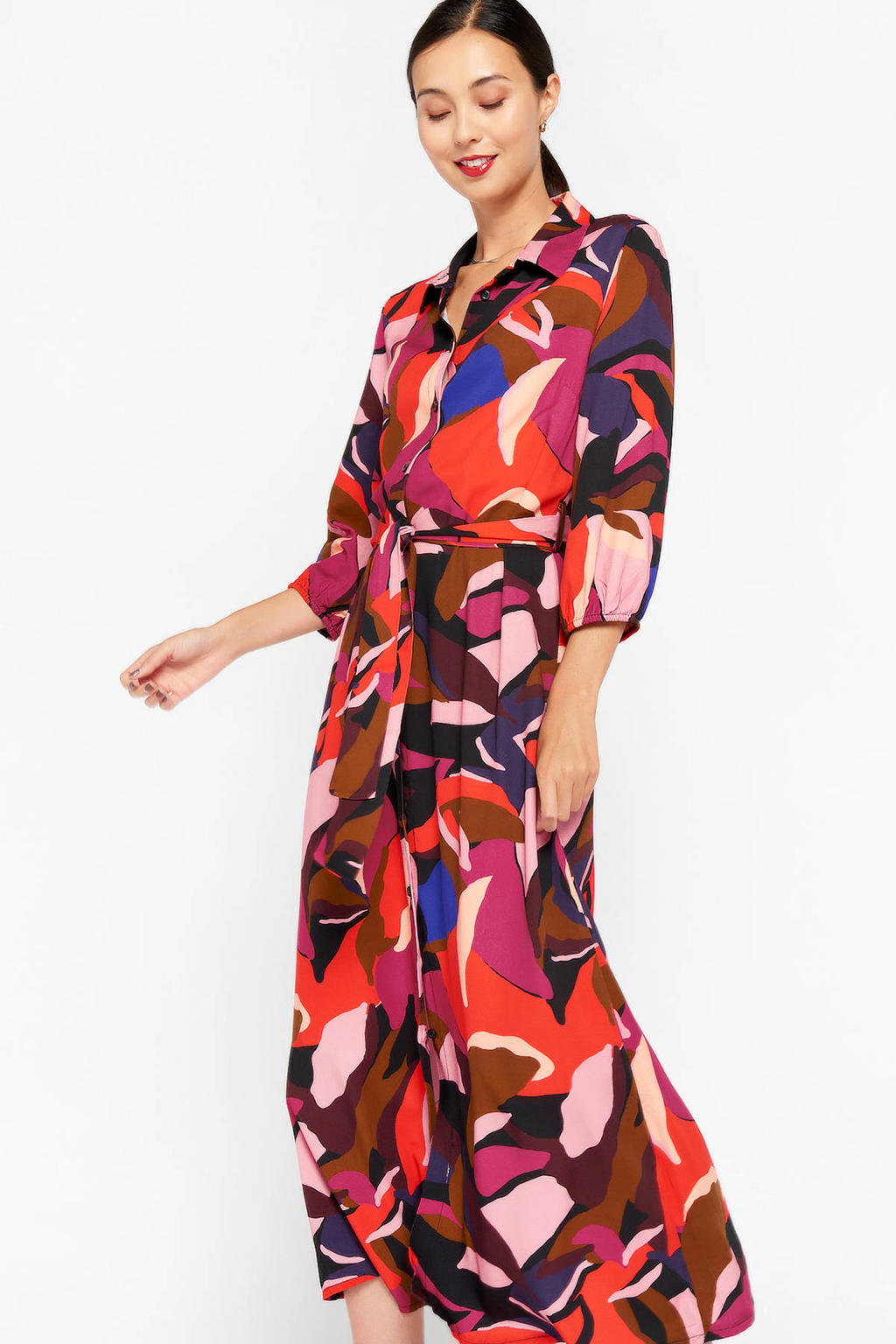 LOLALIZA blousejurk met grafische print en ceintuur roze/ecru/bruin | wehkamp
