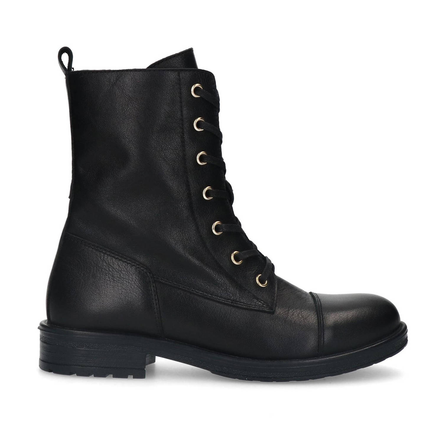 Manfield Dames Zwarte leren veterlaarsjes - Schoenen.nl