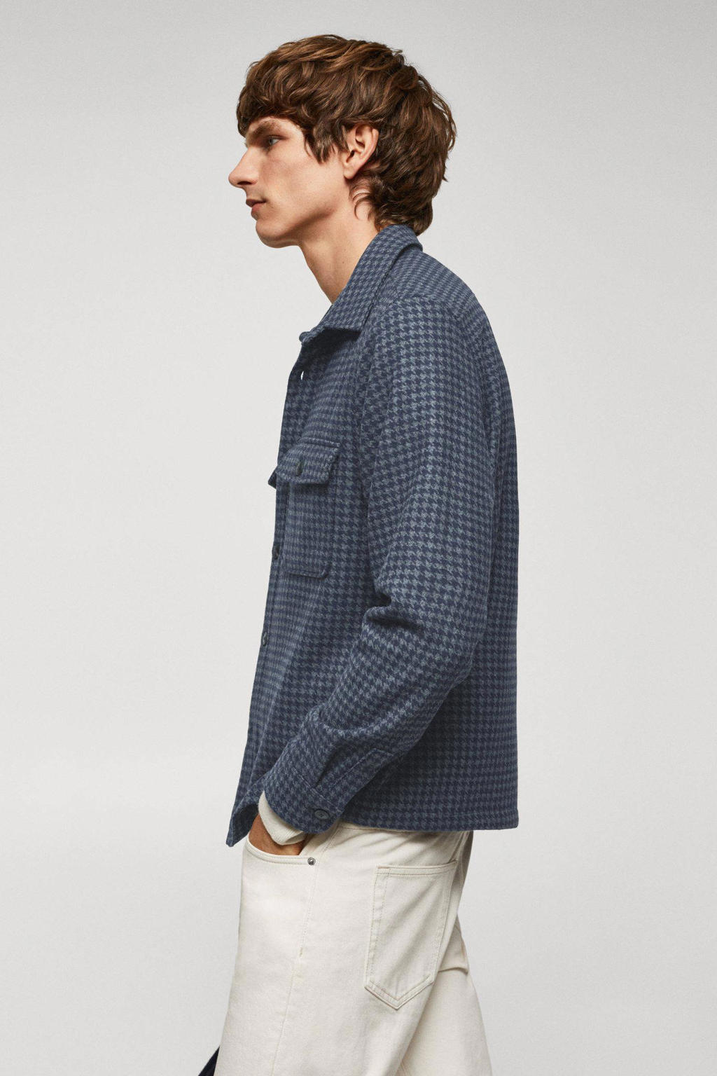 Mango Man regular fit overshirt met wol en pied-de-poule middenblauw ...