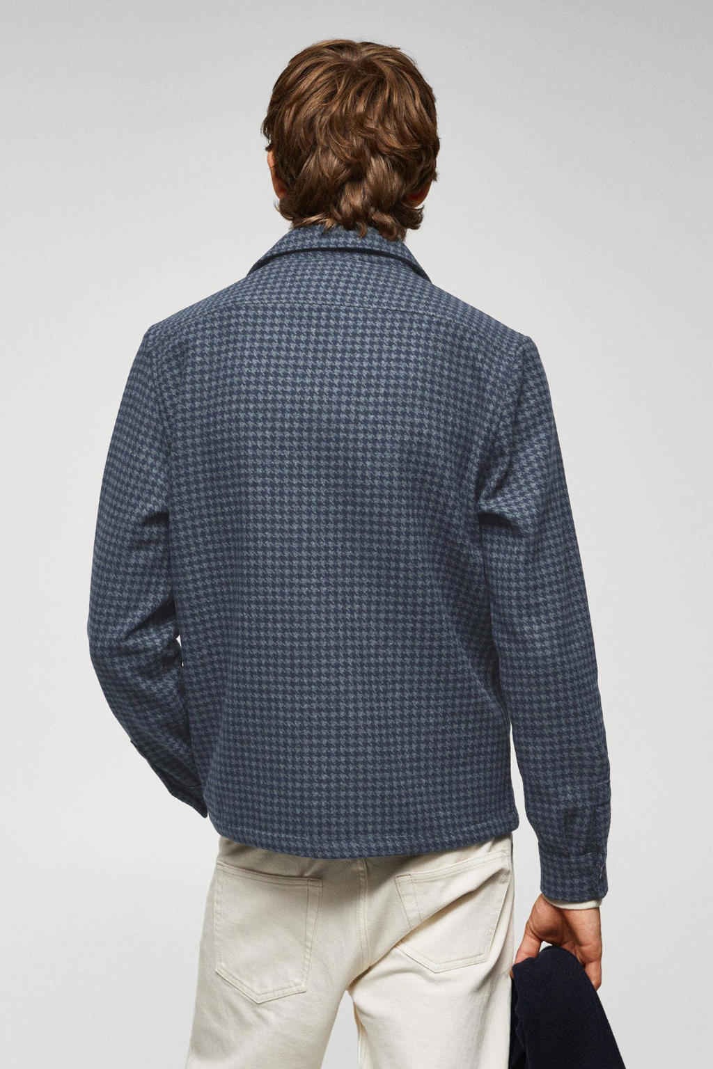 Mango Man regular fit overshirt met wol en pied-de-poule middenblauw ...