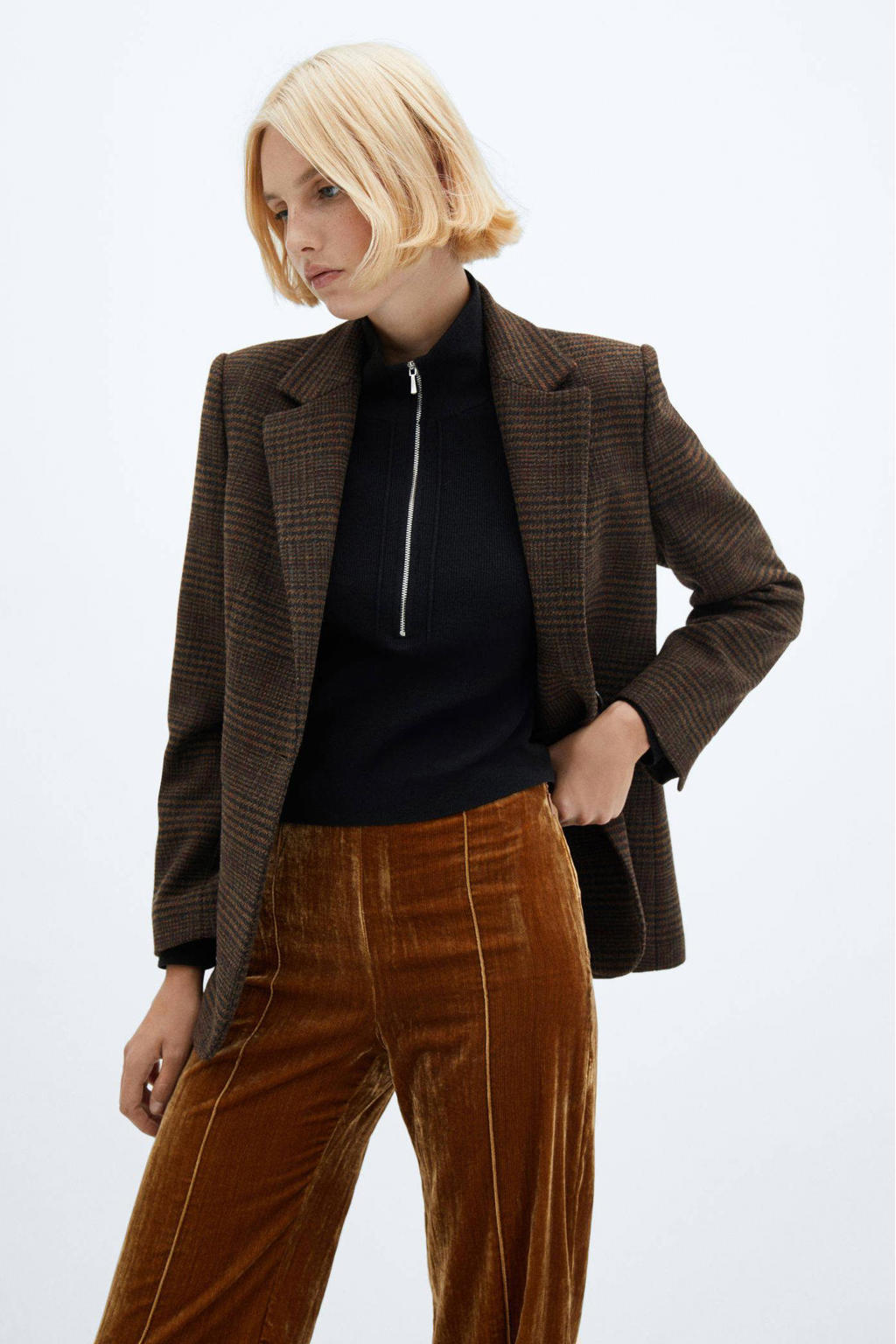 Mango geruite rechtvallende blazer met wol bruin | wehkamp