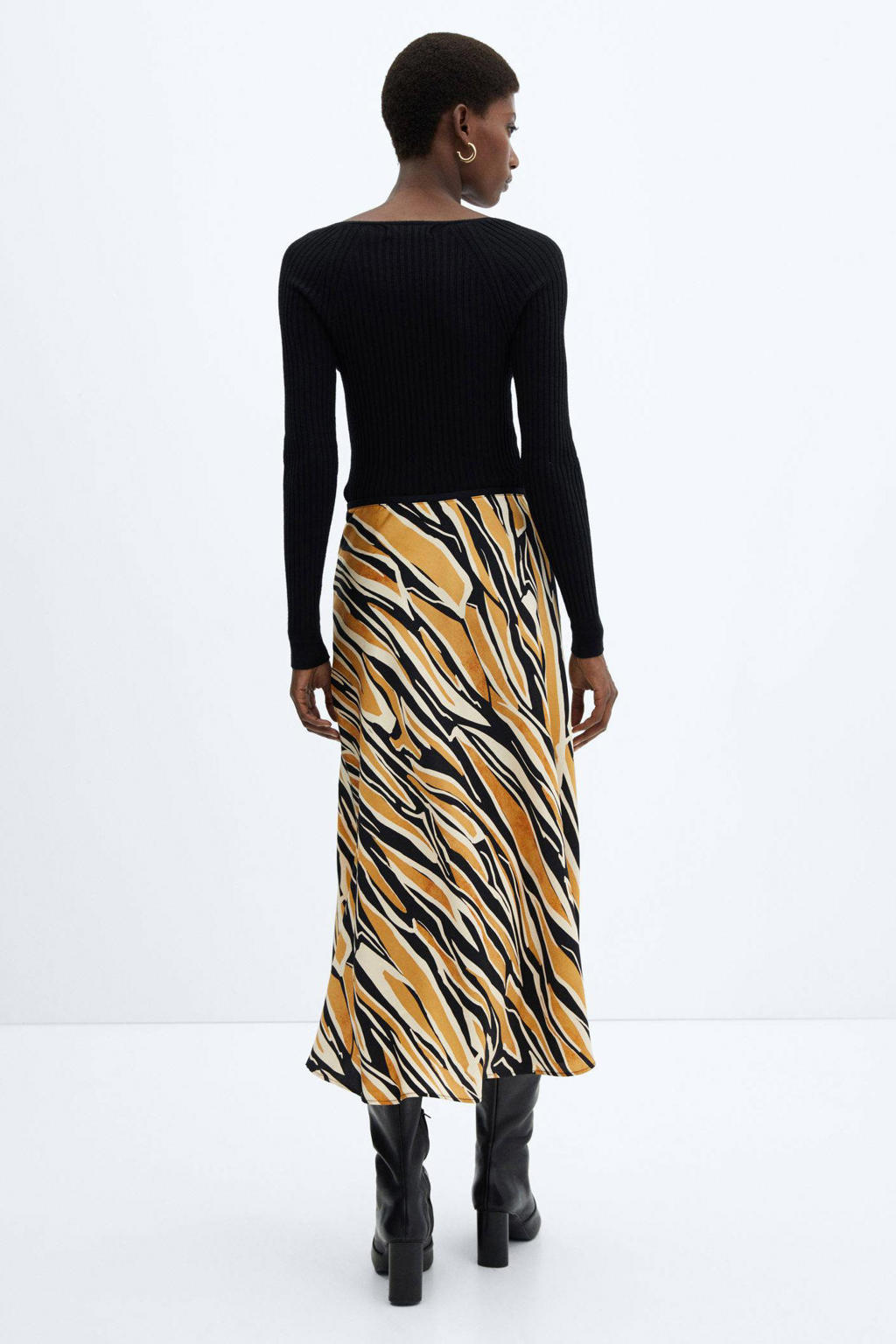 Mango satijnen rok met all over print en ceintuur oranje/zwart | wehkamp