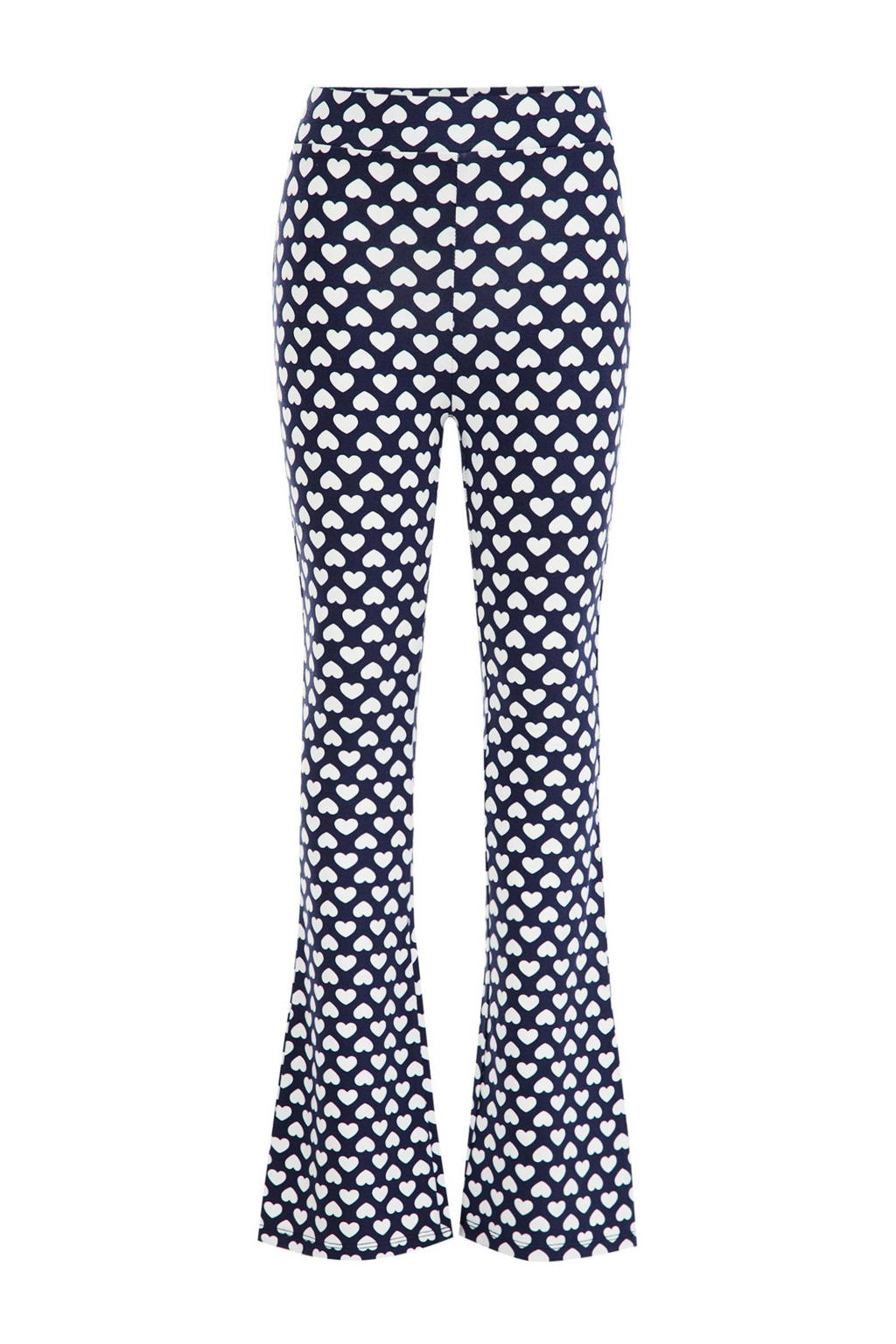 WE Fashion flared broek met hartjes donkerblauw/wit | wehkamp