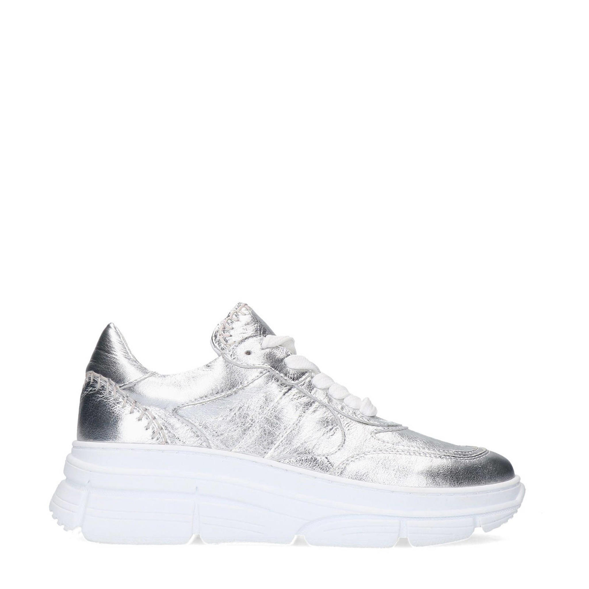 Manfield chunky leren sneakers zilver | wehkamp