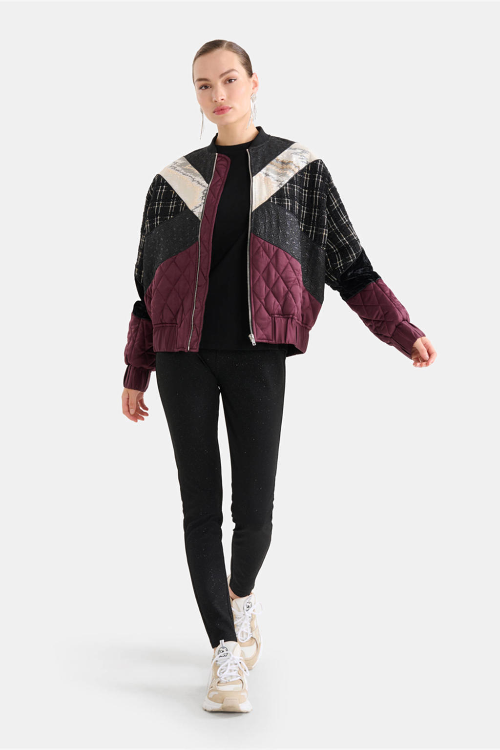 Shoeby bomberjack zwart/wit/bordeaux | wehkamp