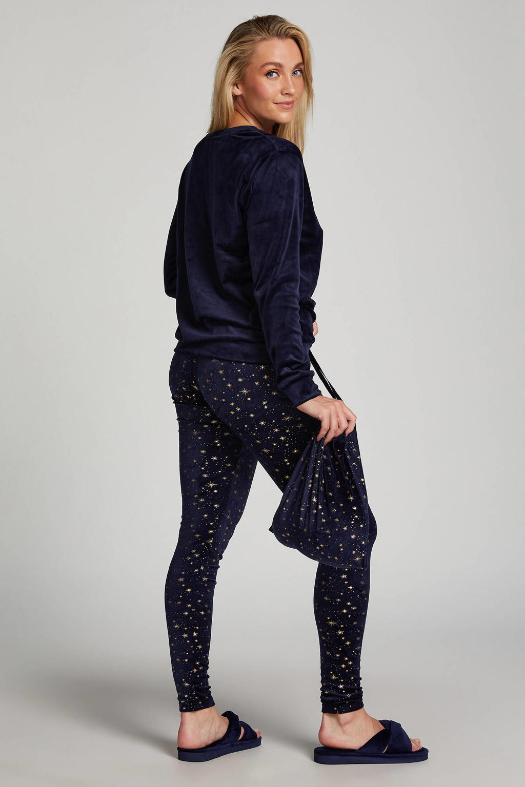Hunkemöller fluwelen huispak Stardust donkerblauw | wehkamp