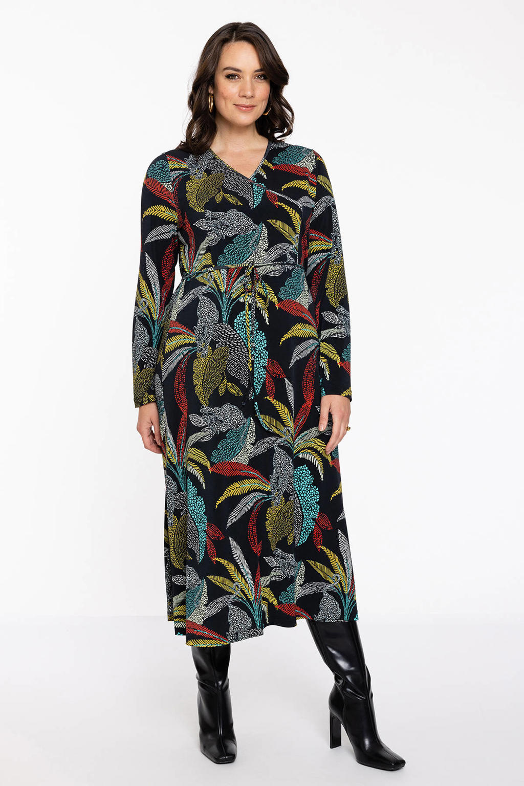 YOEK jurk DOLCE van travelstof met all over print zwart/geel/rood | wehkamp