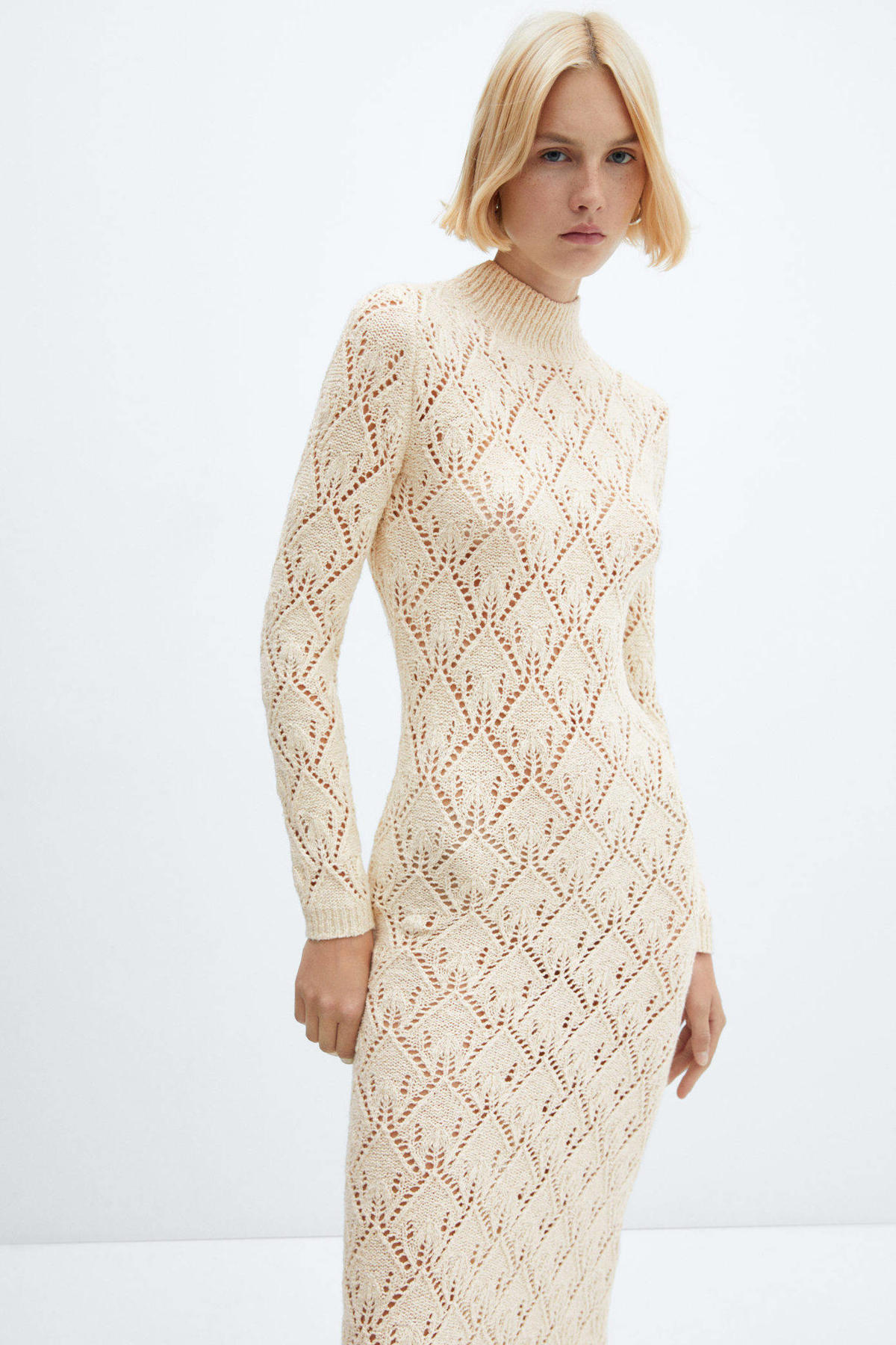 Mango ajour gebreide bodycon jurk ecru | wehkamp