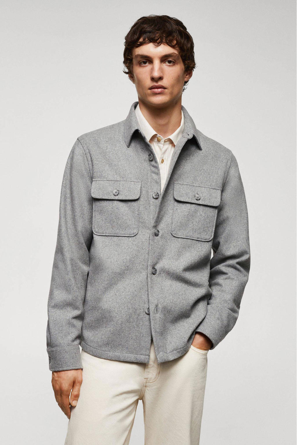 Mango Man regular fit overshirt met wol grijs | wehkamp