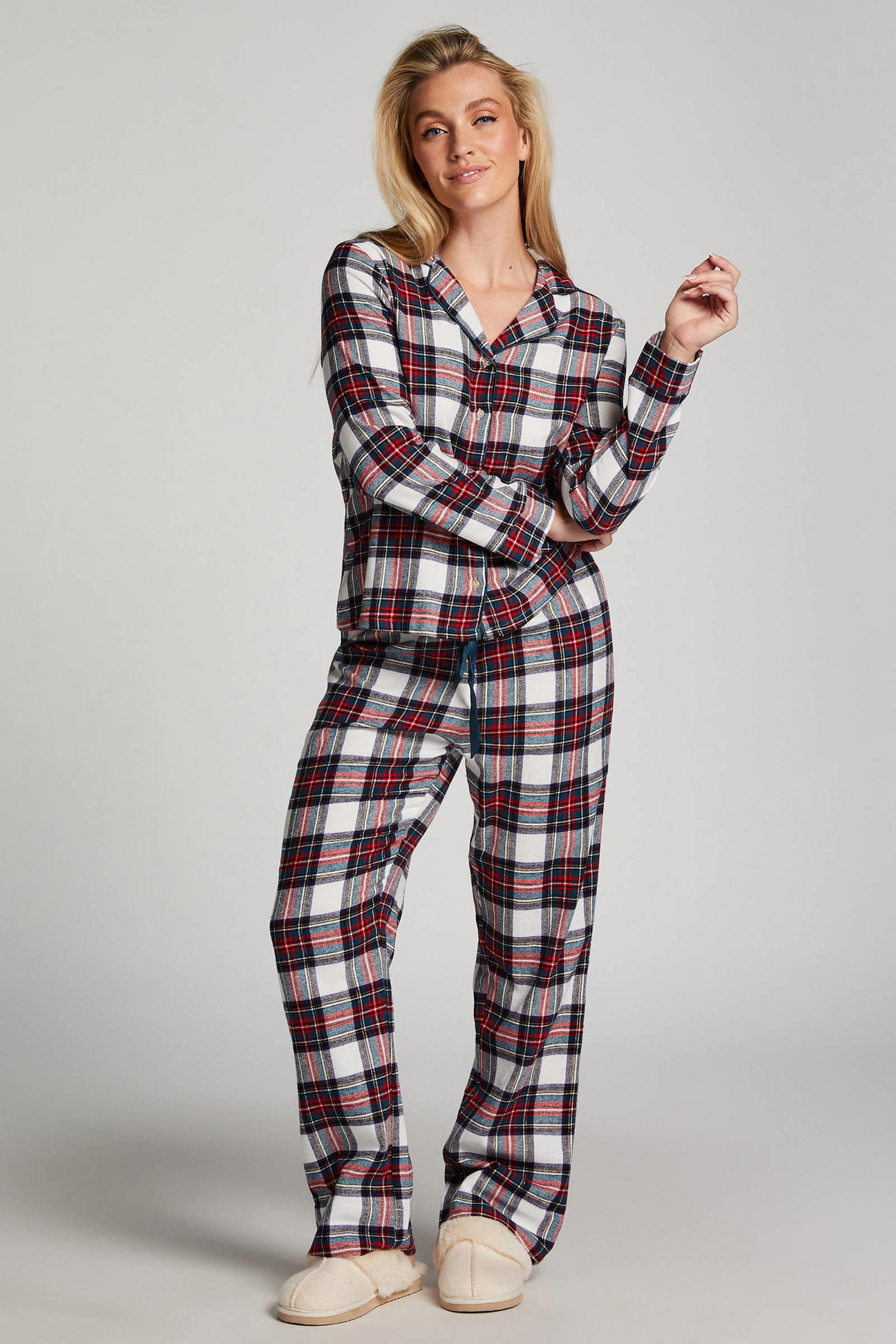 Hunkemöller flanellen pyjama rood/wit/blauw | wehkamp