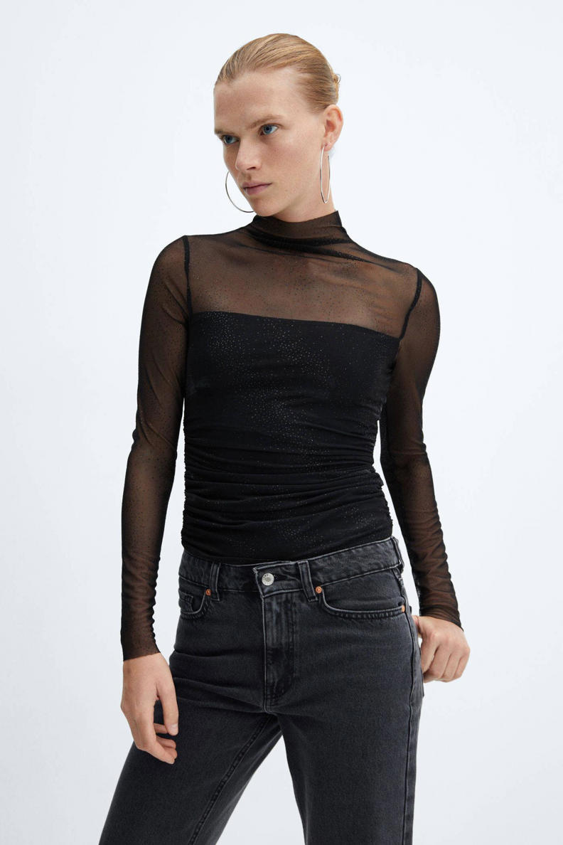 Mango mesh top met mesh zwart | wehkamp