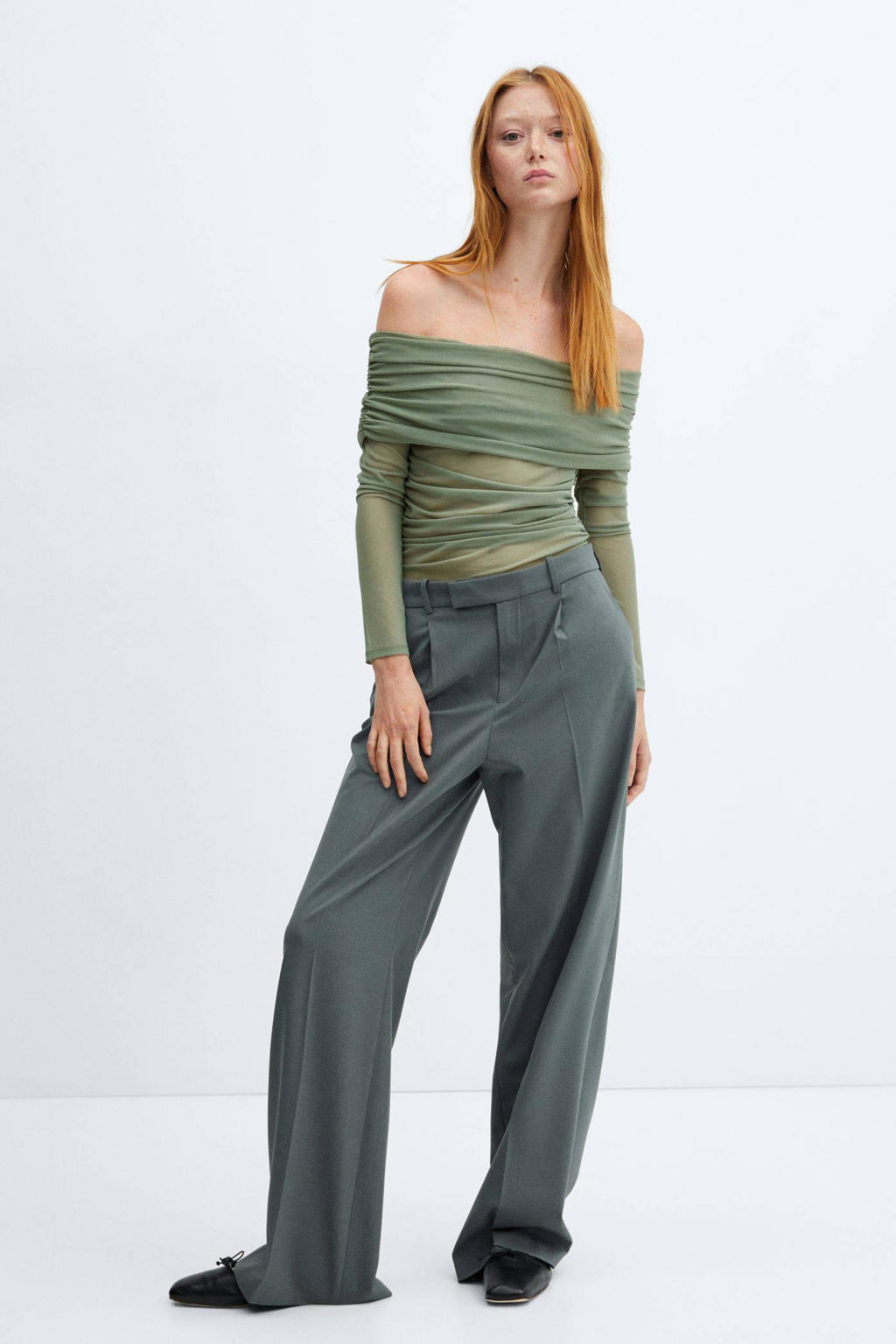 Mango mesh off shoulder top groen | wehkamp