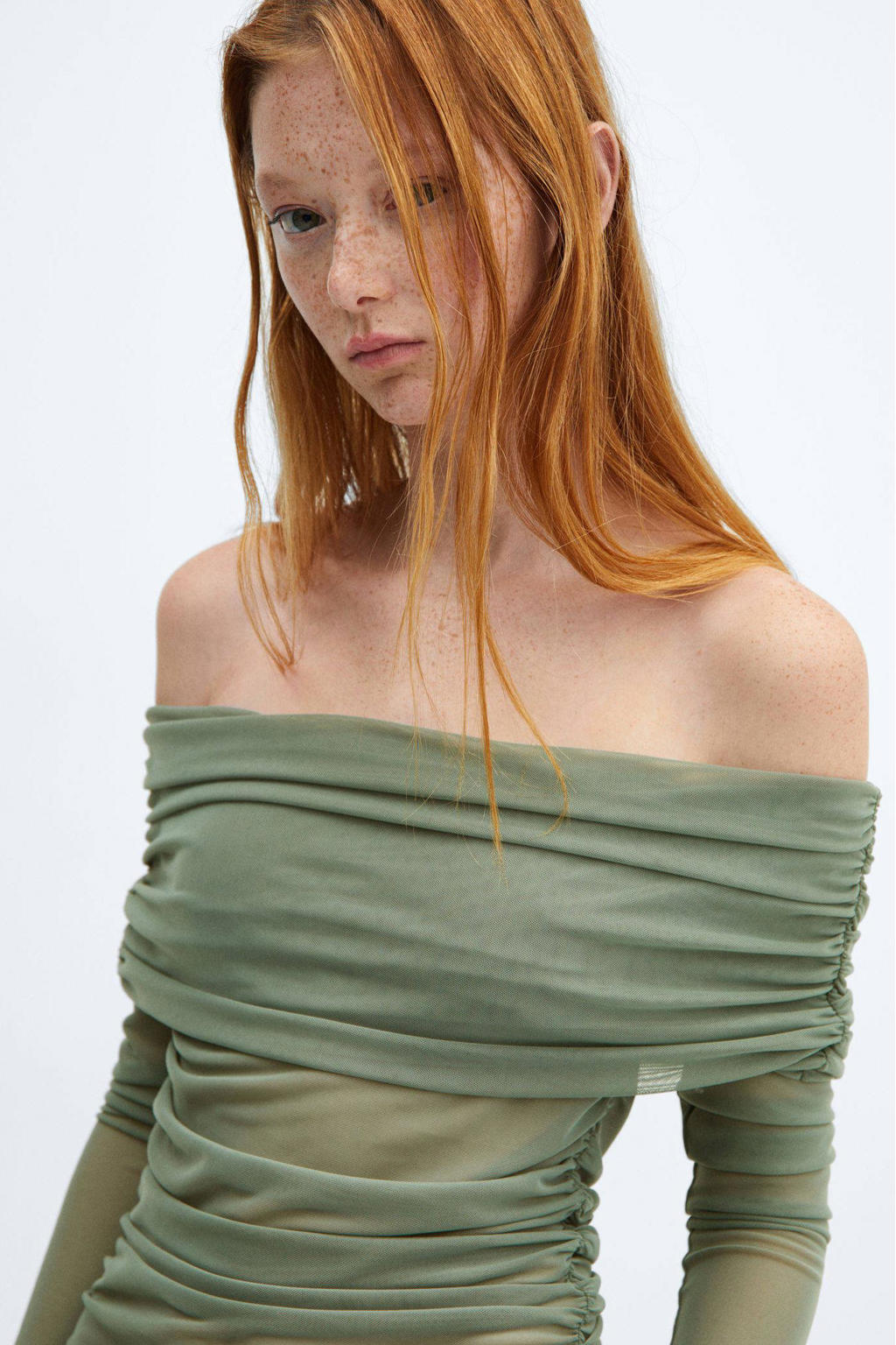 Mango mesh off shoulder top groen | wehkamp