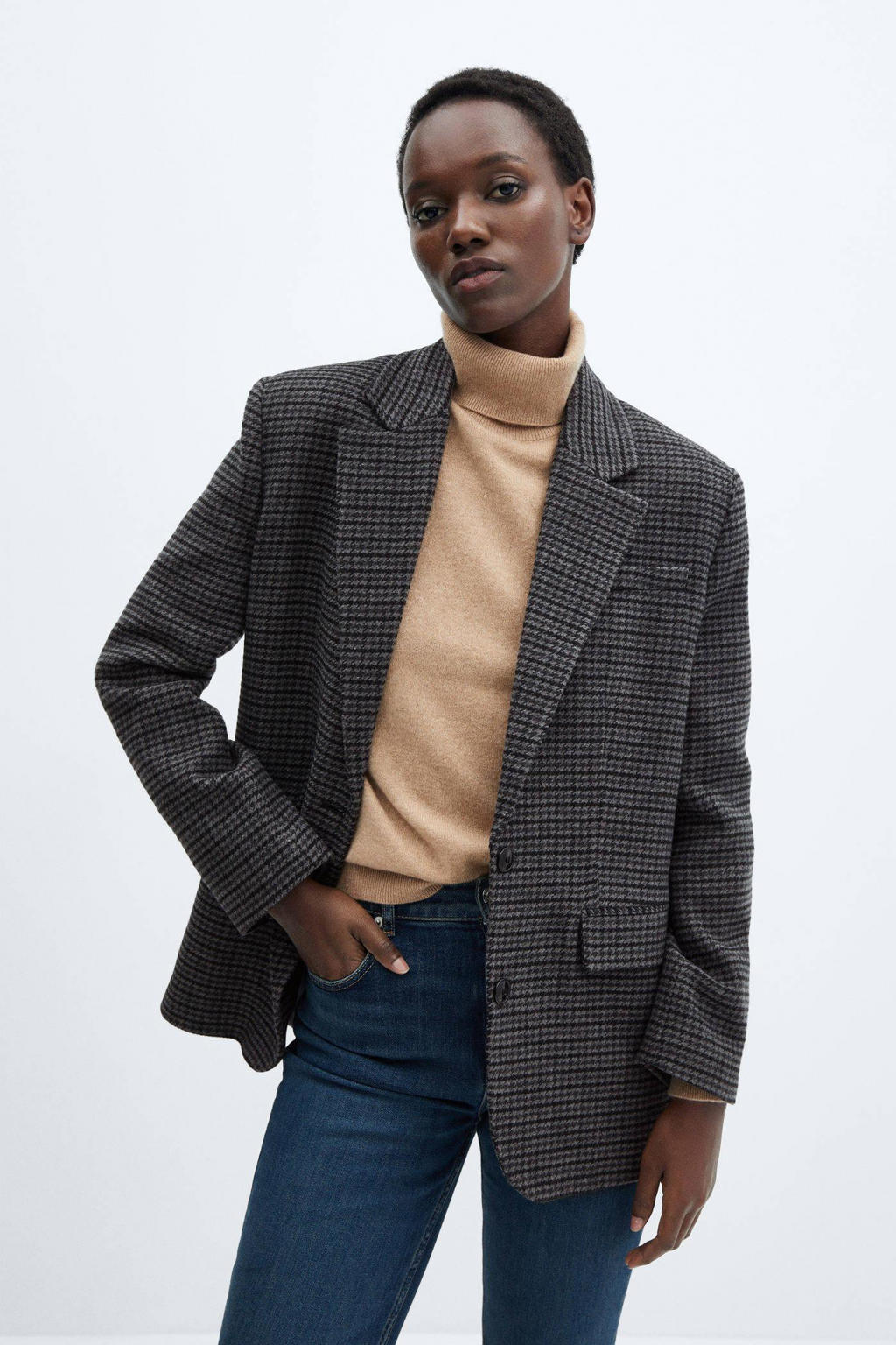 Mango oversized blazer met wol en pied-de-poule grijs | wehkamp
