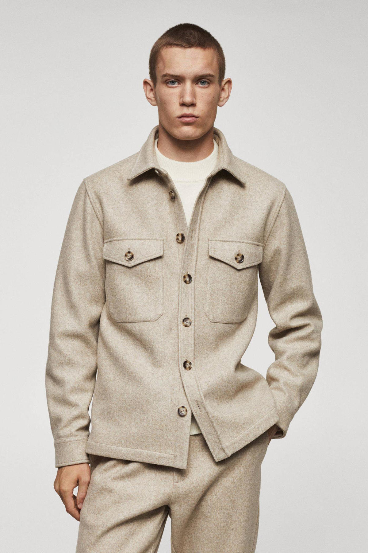Mango Man flanellen regular fit overshirt beige | wehkamp